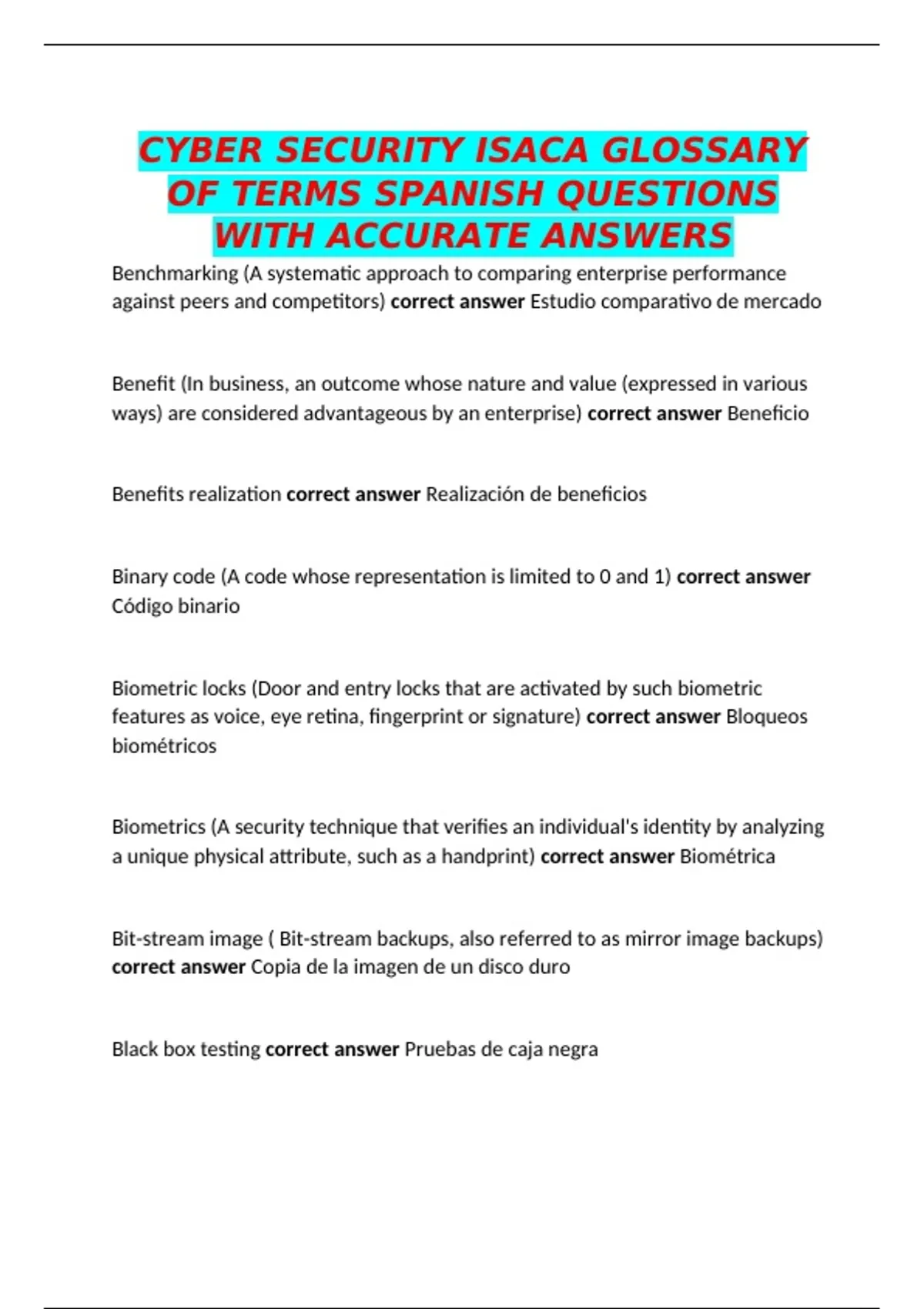 CYBER SECURITY ISACA GLOSSARY OF TERMS SPANISH QUESTIONS WITH ACCURATE ...