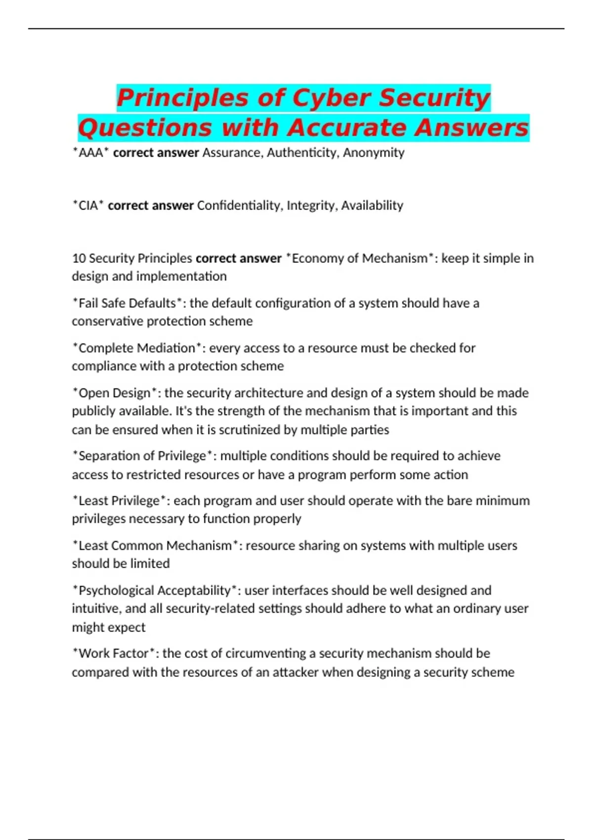 Principles of Cyber Security Questions with Accurate Answers ...