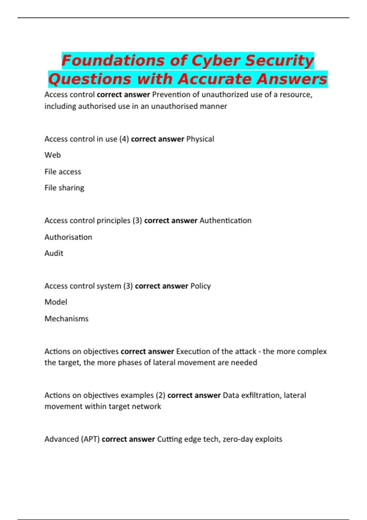 Foundations of Cyber Security Questions with Accurate Answers ...