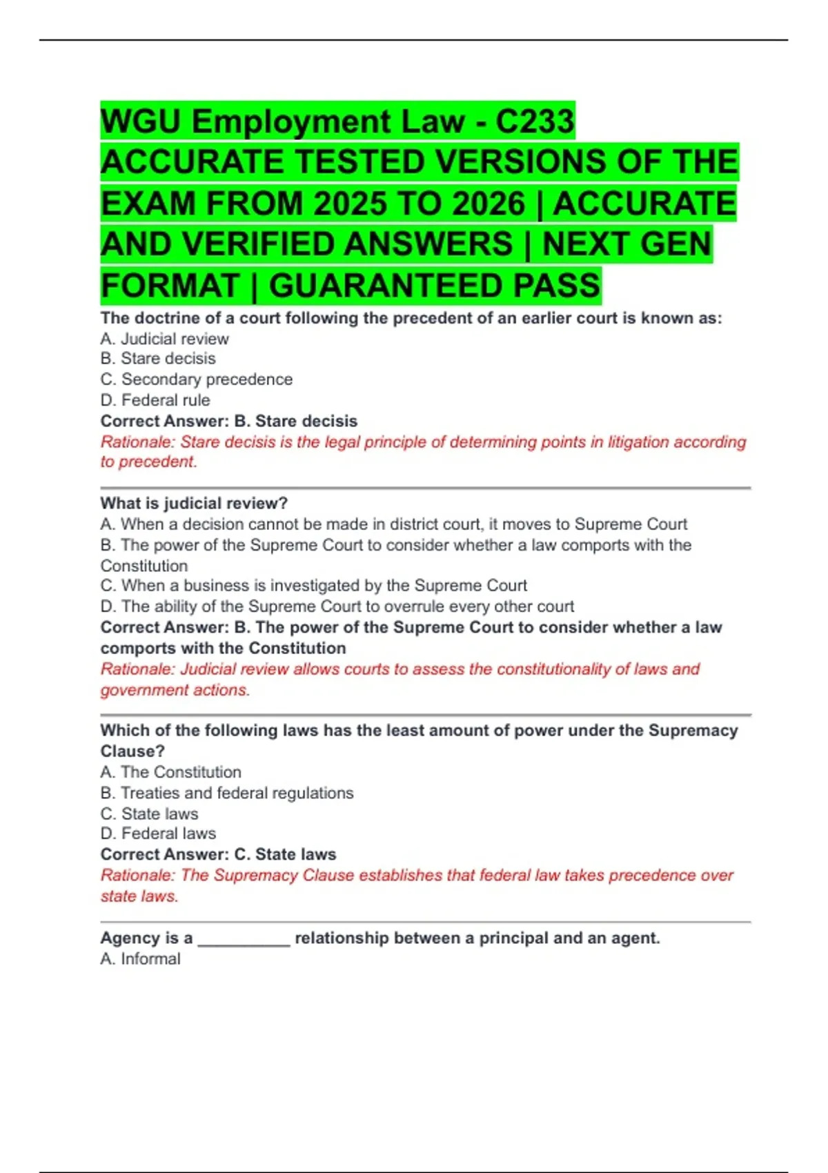 WGU Employment Law - C233 ACCURATE TESTED VERSIONS OF THE EXAM FROM ...
