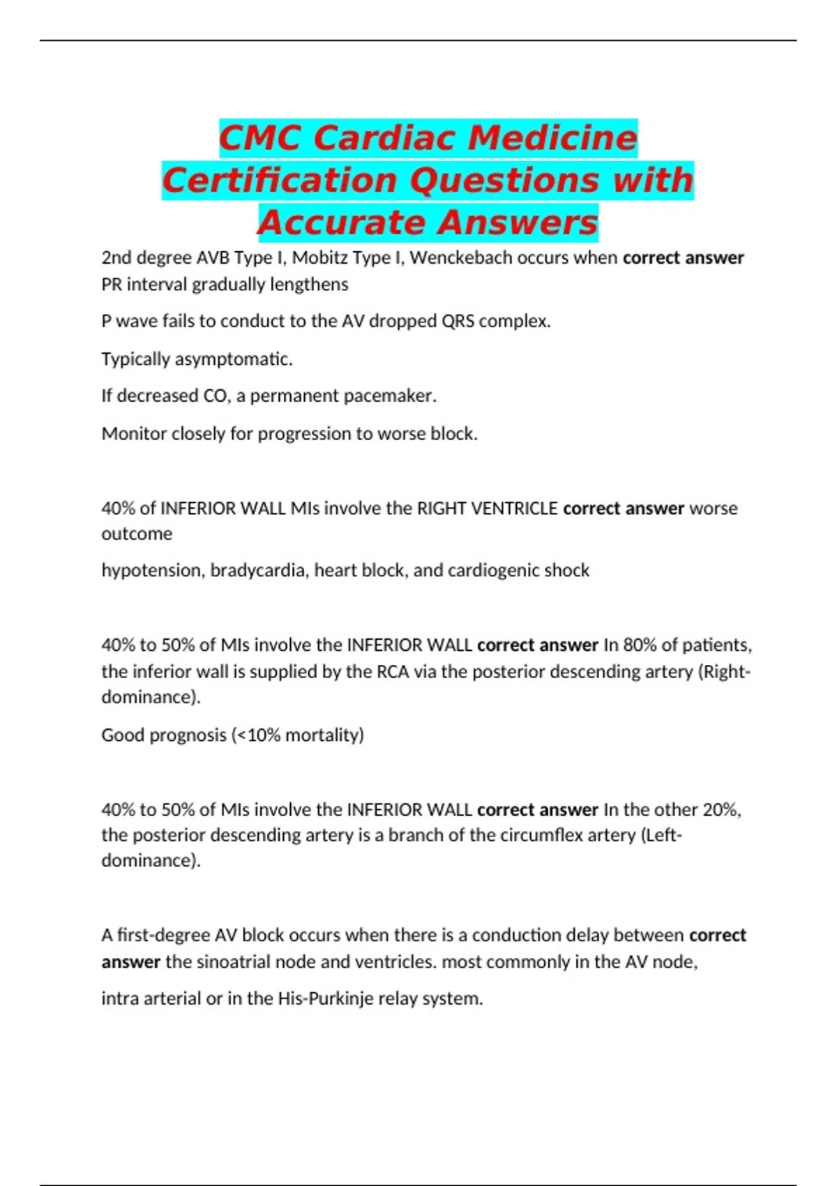 CMC Cardiac Medicine Certification Questions with Accurate Answers ...