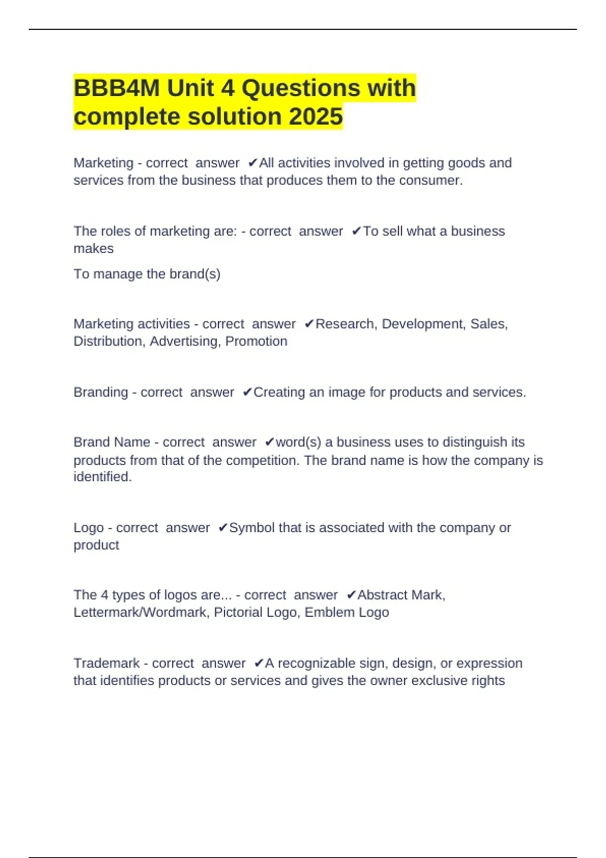 BBB4M Unit 4 Questions with complete solution 2025 - BBB4M Unit 4 - Stuvia US