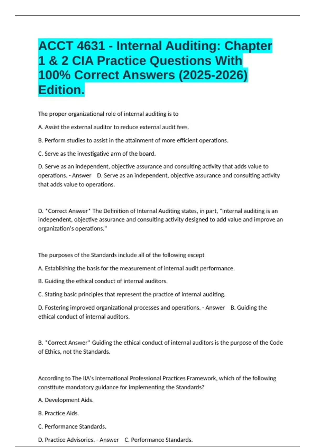 ACCT 4631 - Internal Auditing: Chapter 1 & 2 CIA Practice Questions ...