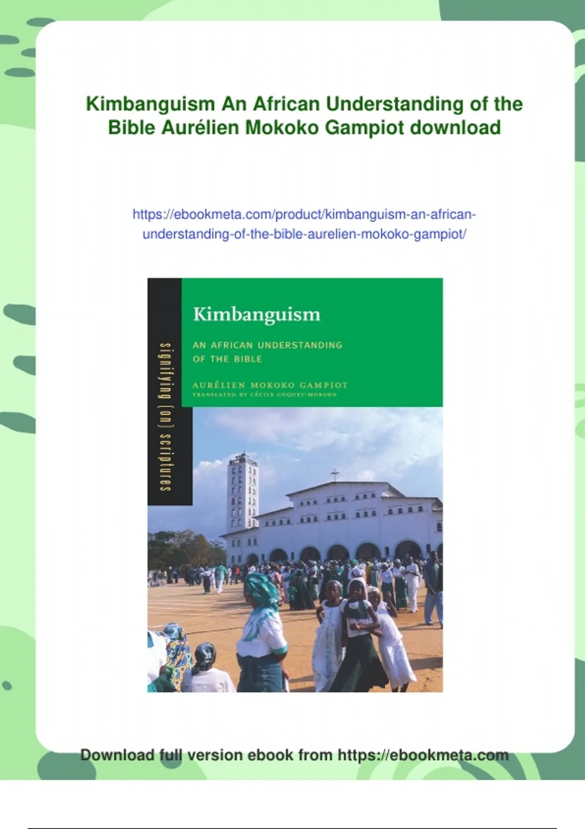 Summary Kimbanguism An African Understanding of the Bible Aurélien ...