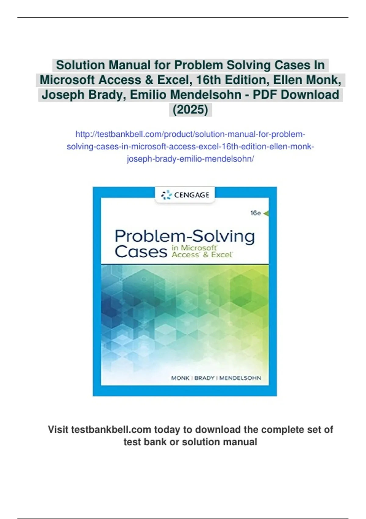 Summary Solution Manual for Problem Solving Cases In Microsoft Access & Excel, 16th Edition ...