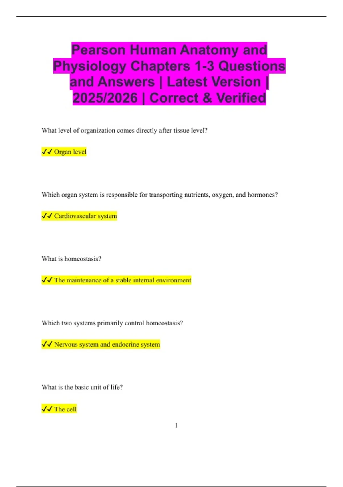 Pearson Human Anatomy and Physiology Chapters 1-3 Questions and Answers ...
