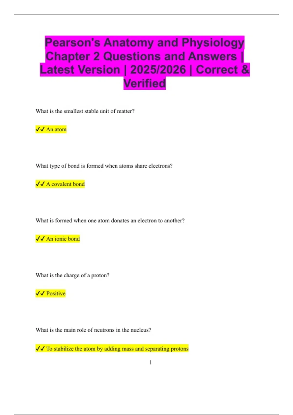 Pearson's Anatomy and Physiology Chapter 2 Questions and Answers ...