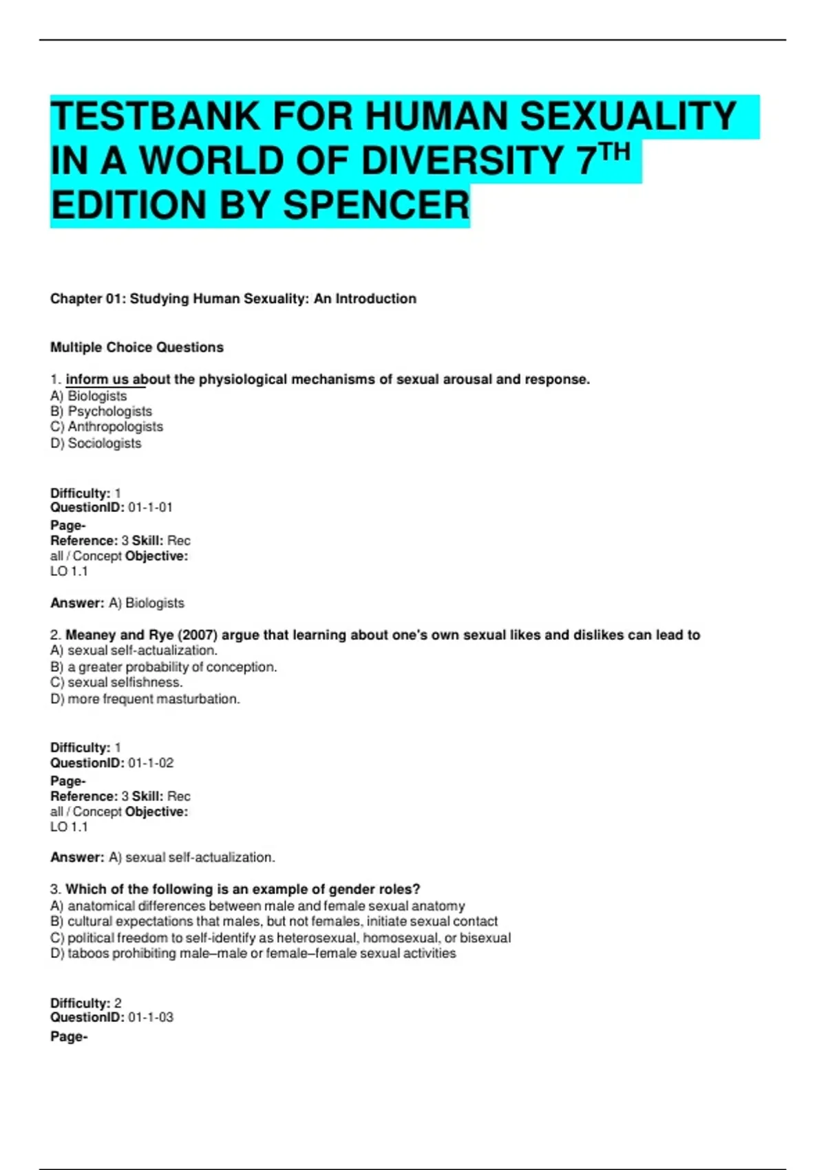 Test Bank – Human Sexuality in a World of Diversity (7th Edition by ...