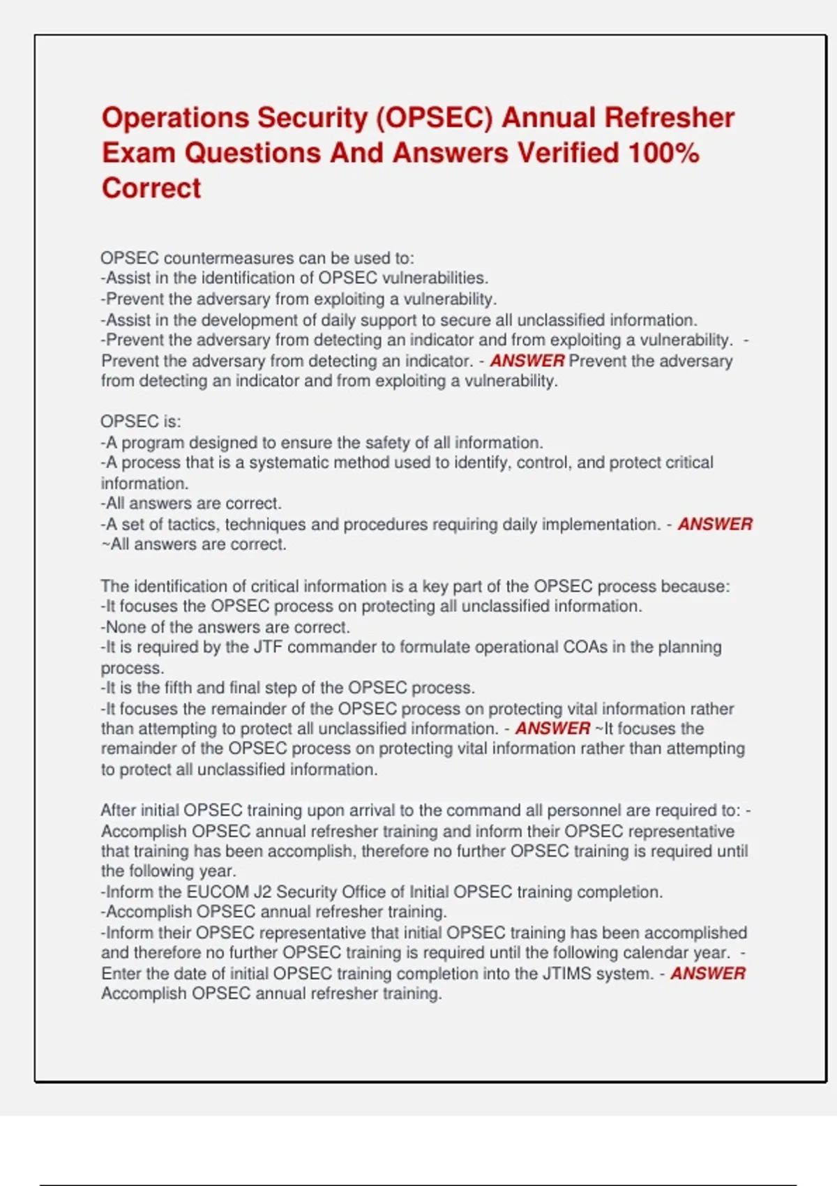Operations Security (OPSEC) Annual Refresher Exam Questions And Answers ...