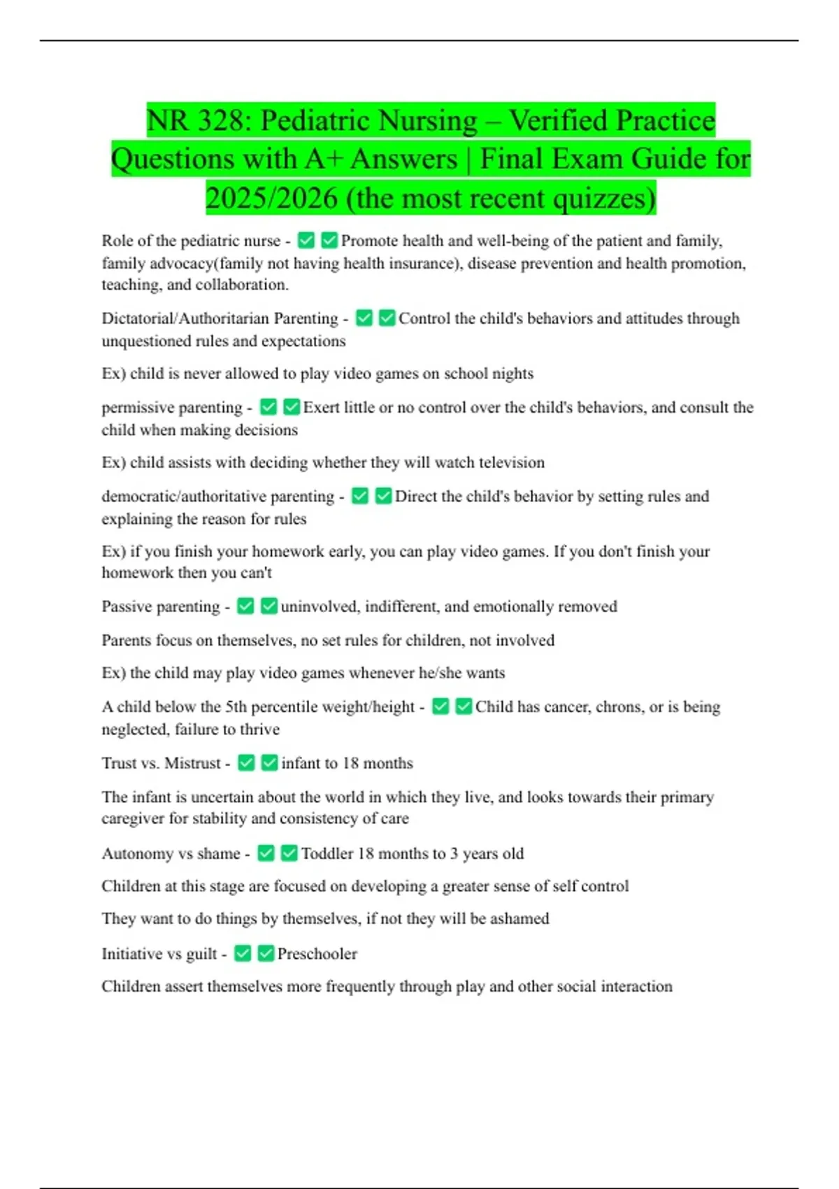 NR 328: Pediatric Nursing – Verified Practice Questions with A+ Answers ...