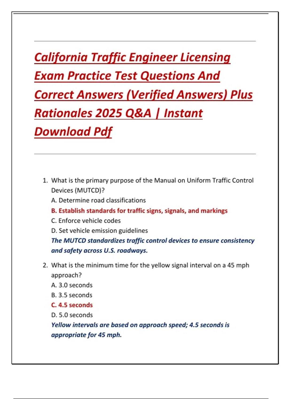 California Traffic Engineer Licensing Exam Practice Test Questions And ...