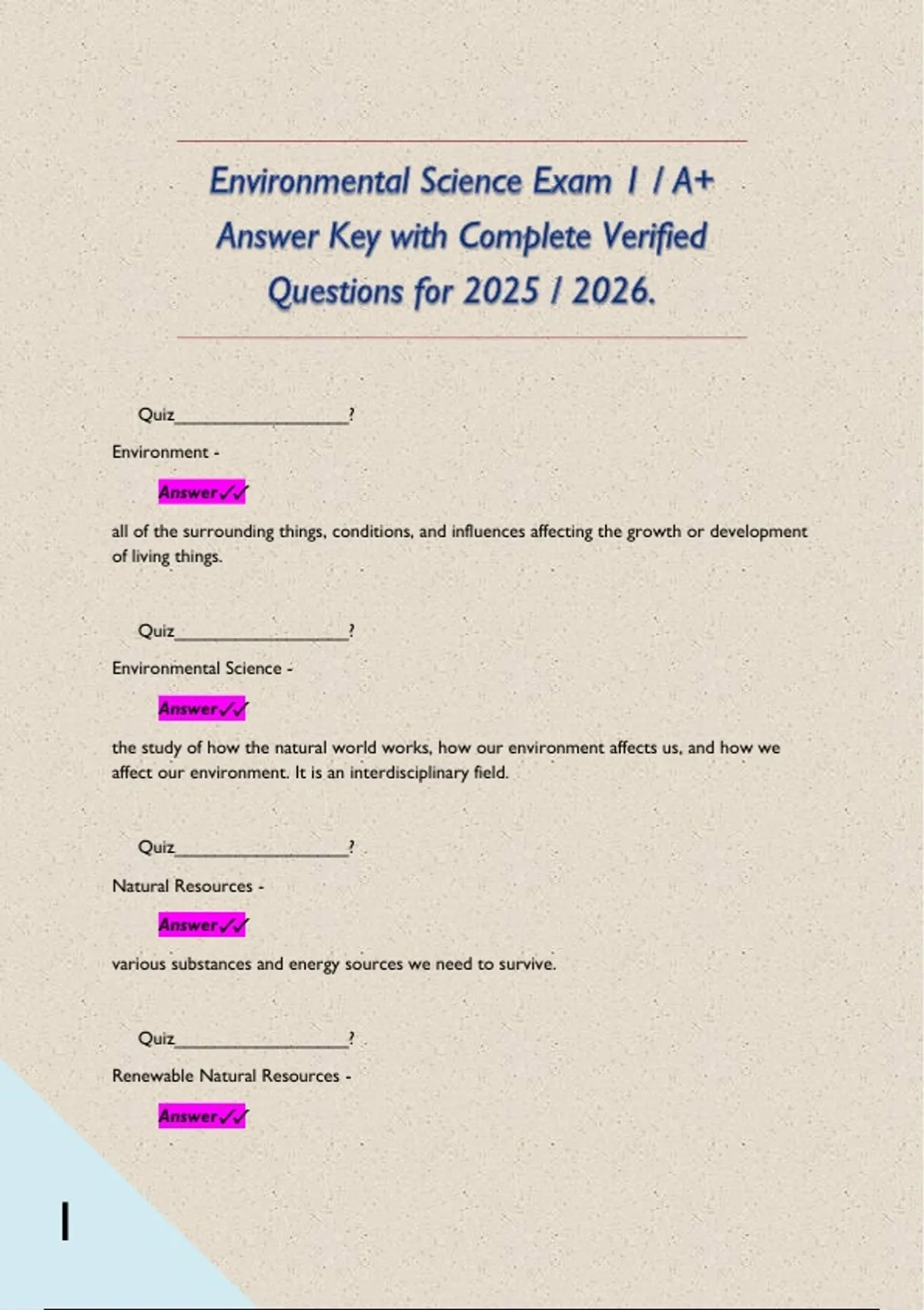 Environmental Science Exam 1 / A+ Answer Key with Complete Verified ...