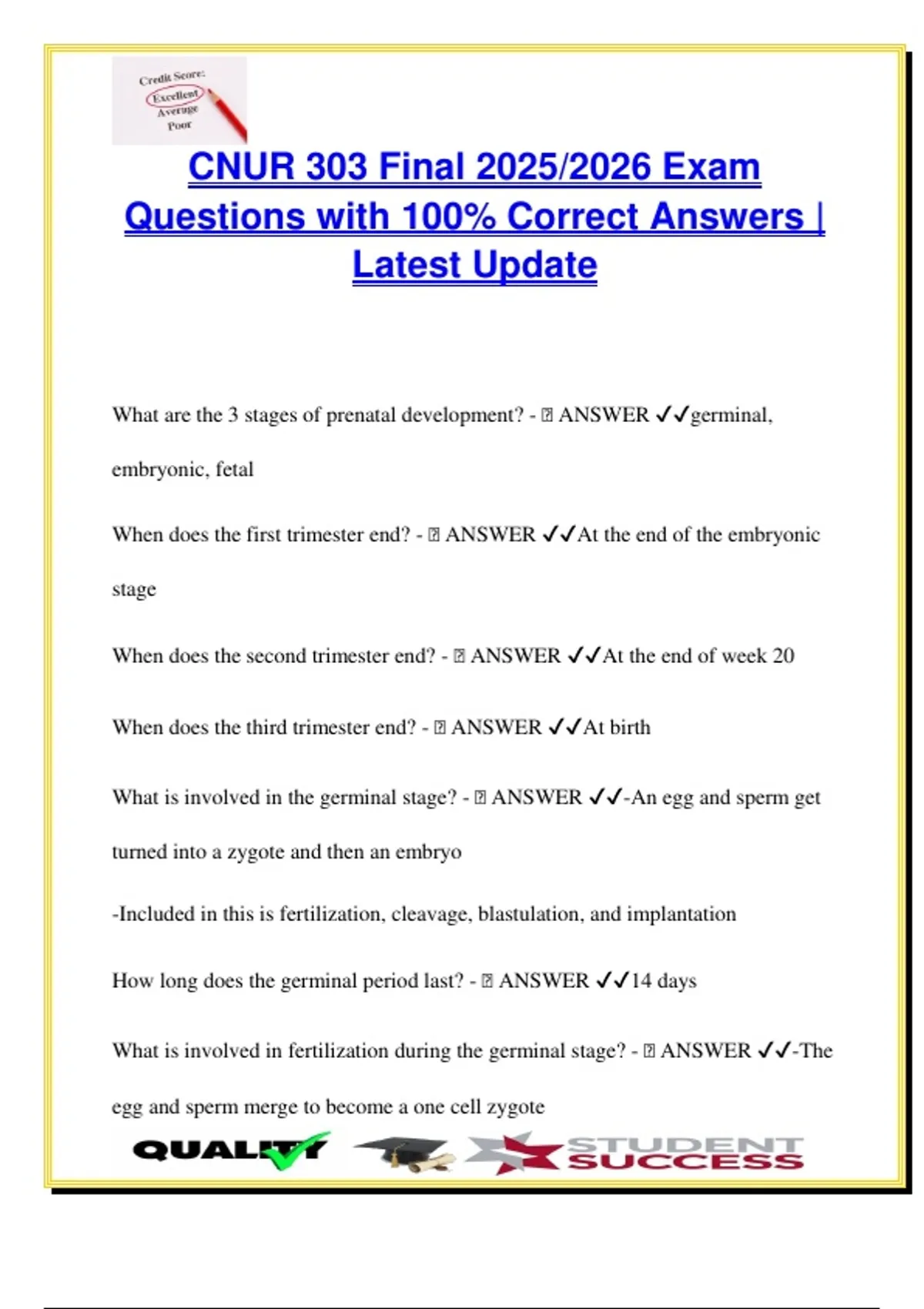 CNUR 303 Final Exam 2025/2026 – 300+ Practice Questions with Correct Answers | Prenatal ...