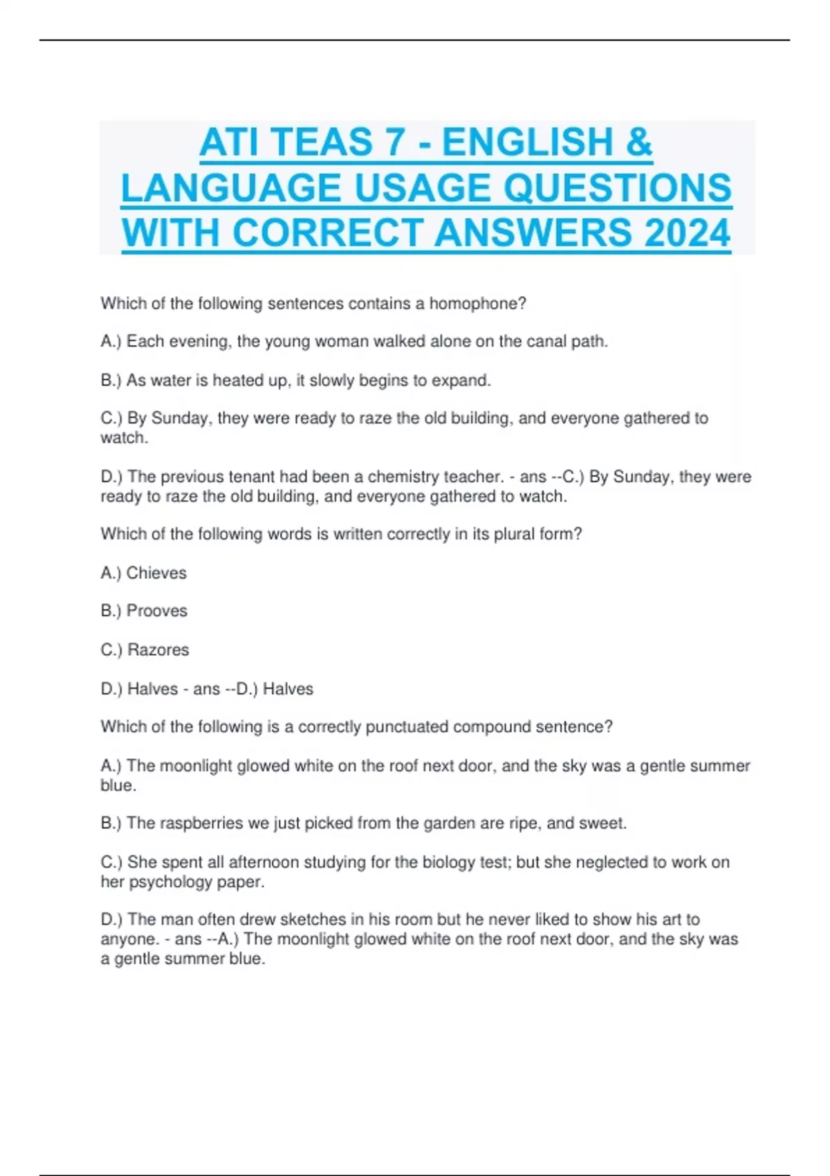 ATI TEAS 7 - ENGLISH & LANGUAGE USAGE QUESTIONS WITH CORRECT ANSWERS 2024 - ATI TEAS - Stuvia UK