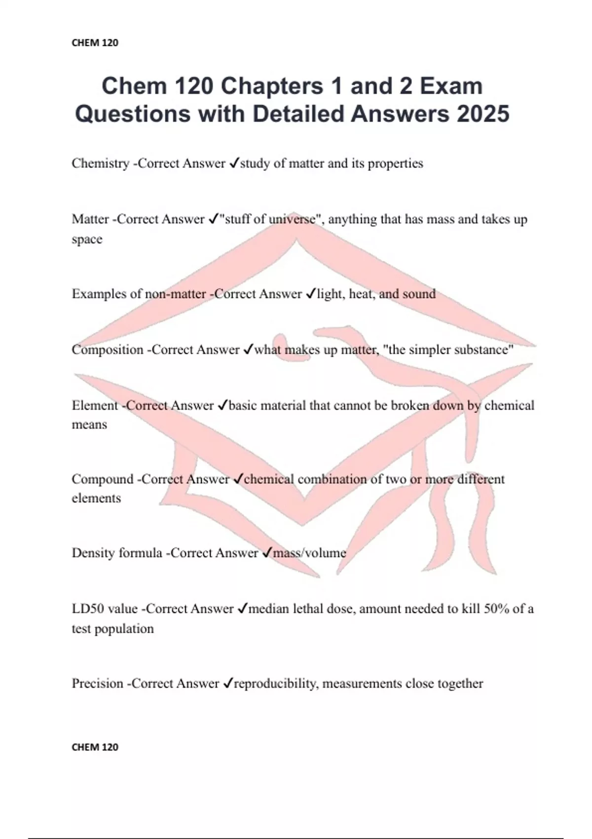 Chem 120 Chapters 1 and 2 Exam Questions with Detailed Answers 2025 ...