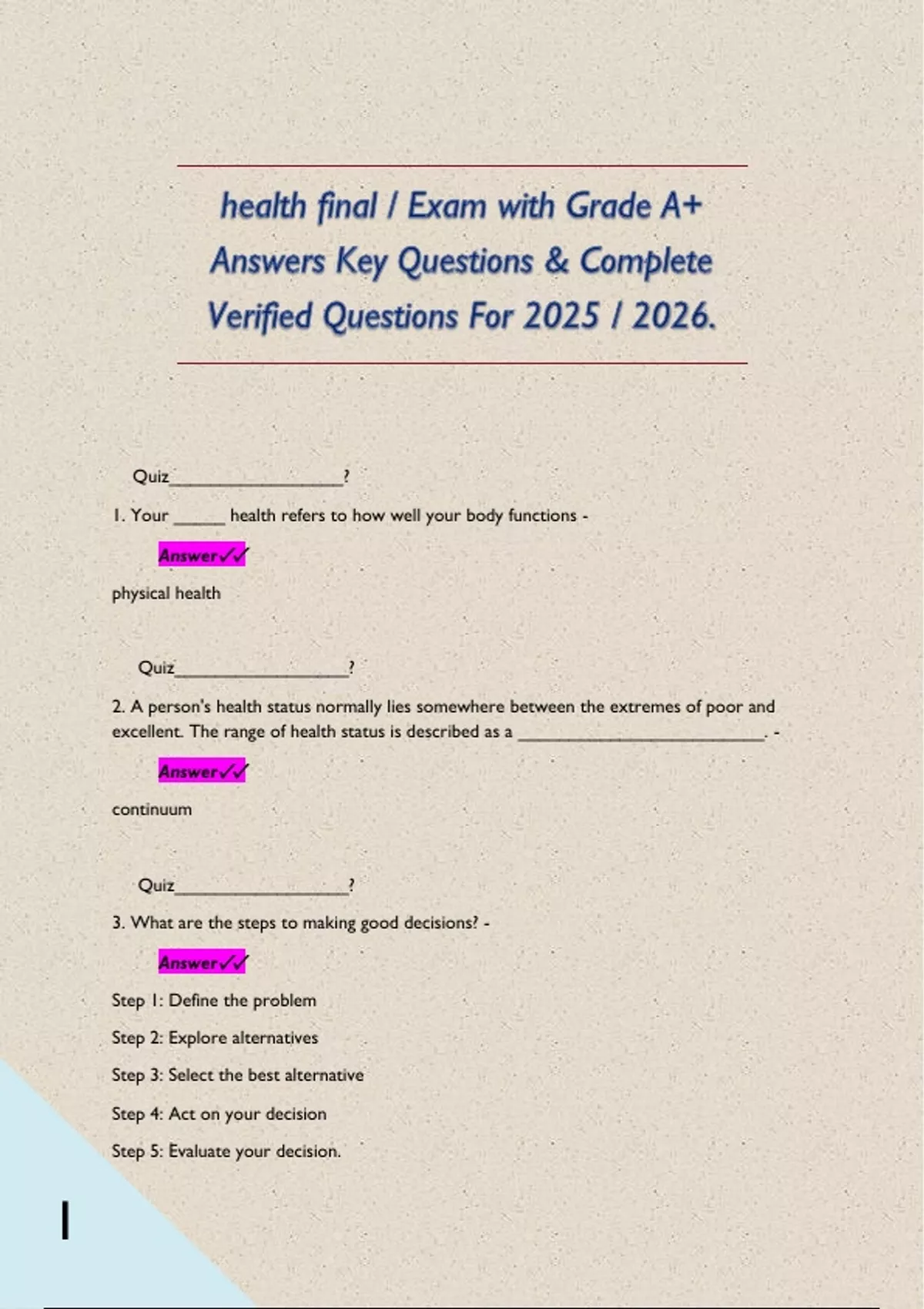 health final / Exam with Grade A+ Answers Key Questions & Complete ...