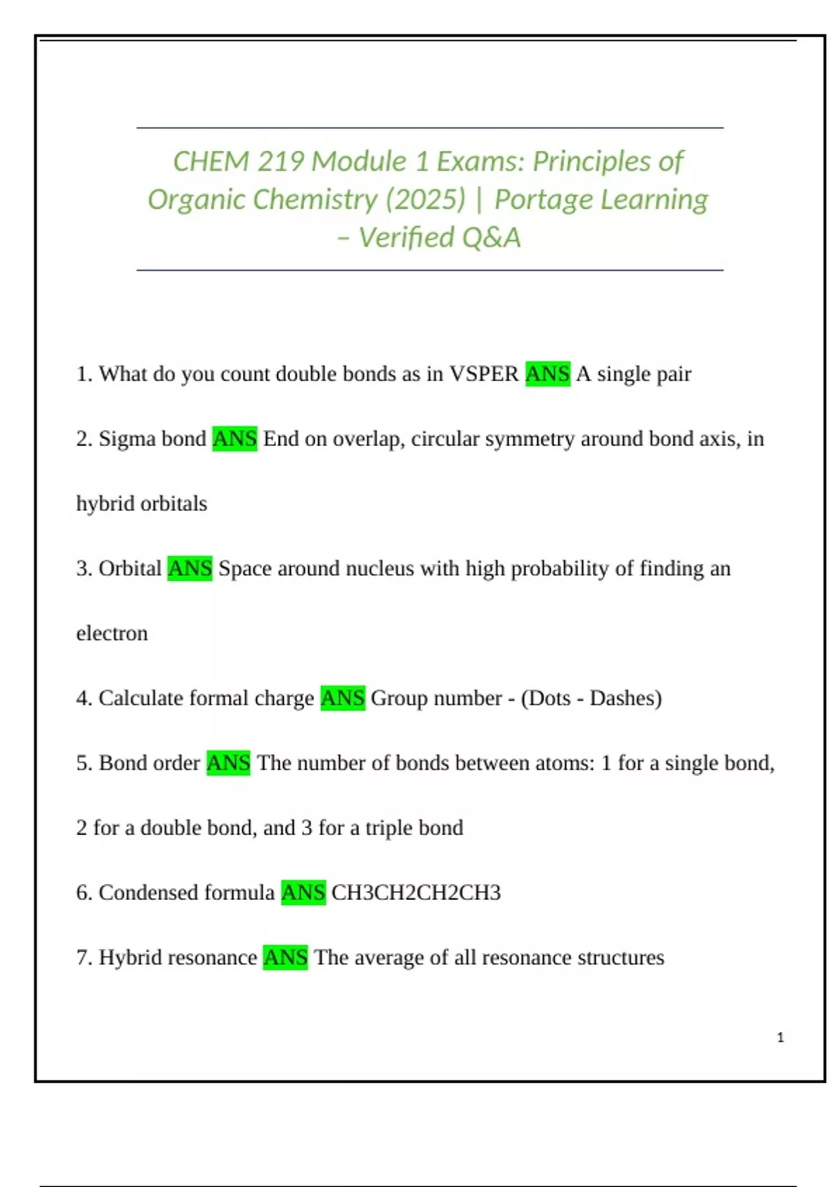 CHEM 219 Module 1,2,3,4,5,6,7,8&final Exams: Principles of Organic Chemistry (2025) | Portage ...