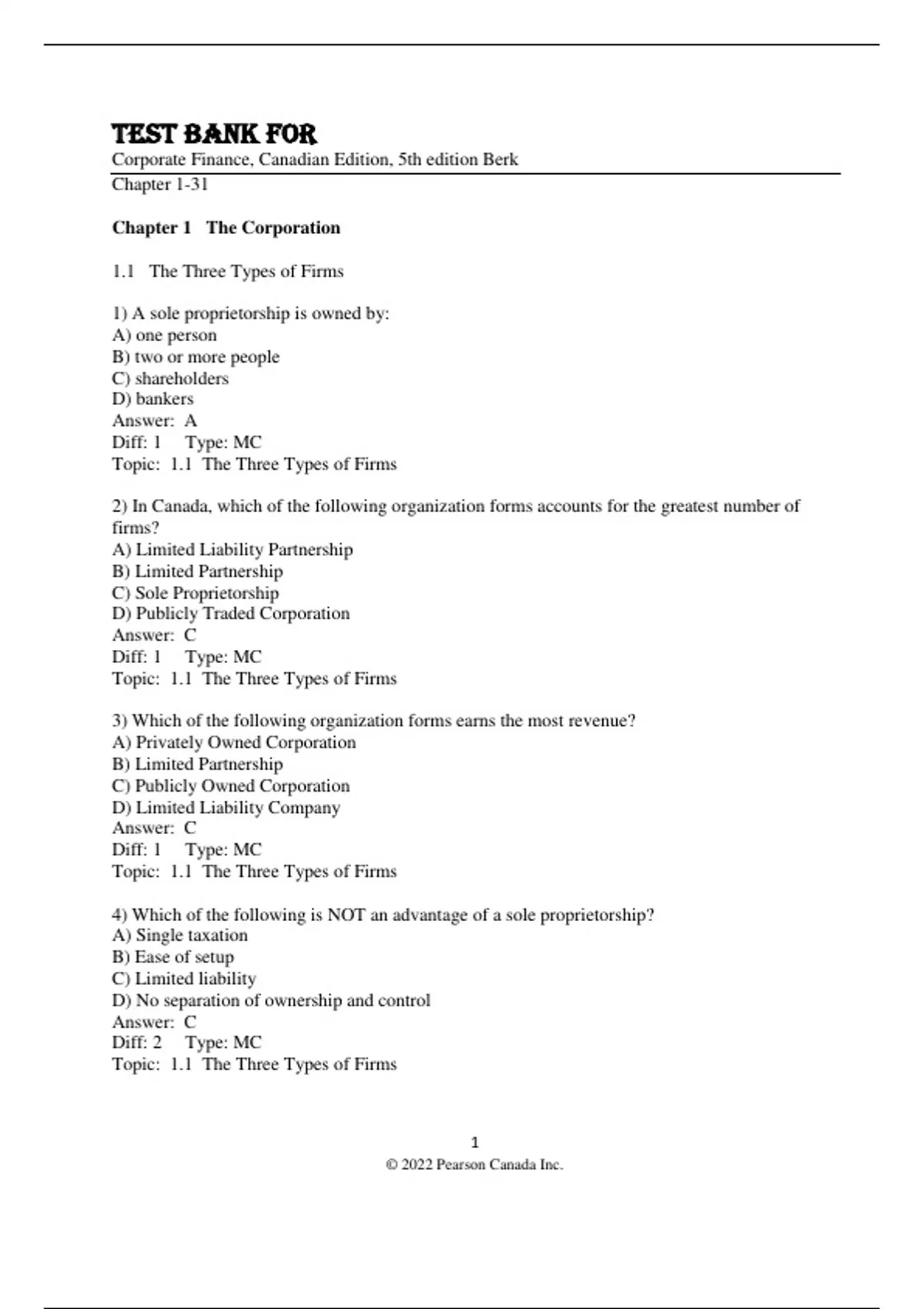 Corporate Finance Canadian Edition 5th Edition Berk – Complete Test ...
