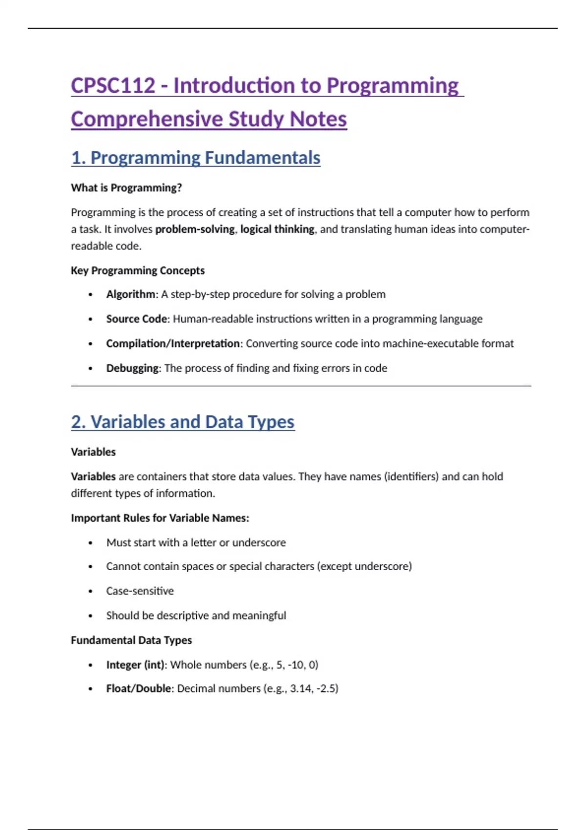 Summary Introduction to Programming Comprehensive Study Notes ...