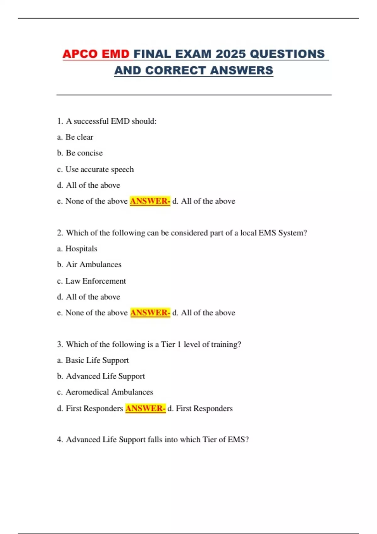 APCO EMD Final Exam 2025 – Complete Set of Practice Questions with ...