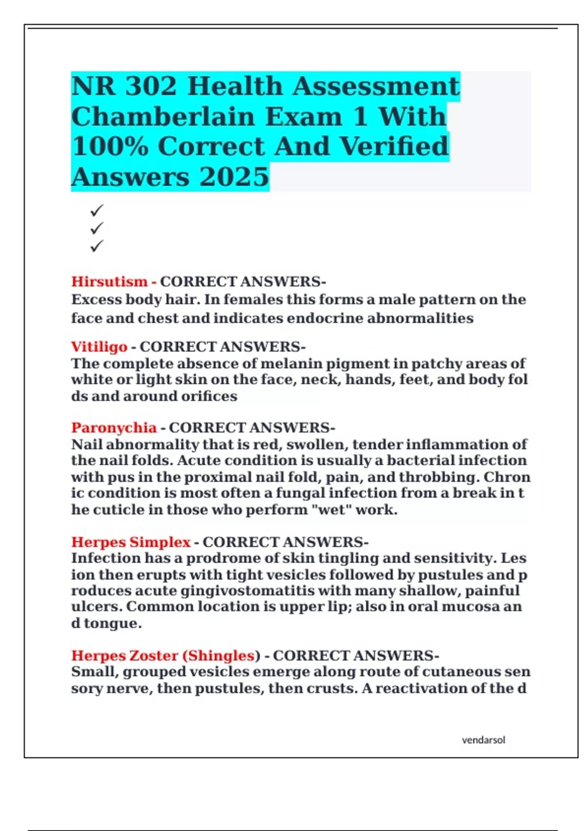 NR 302 Health Assessment Chamberlain Exam 1 With 100% Correct And Verified Answers 2025 - NR 302 ...