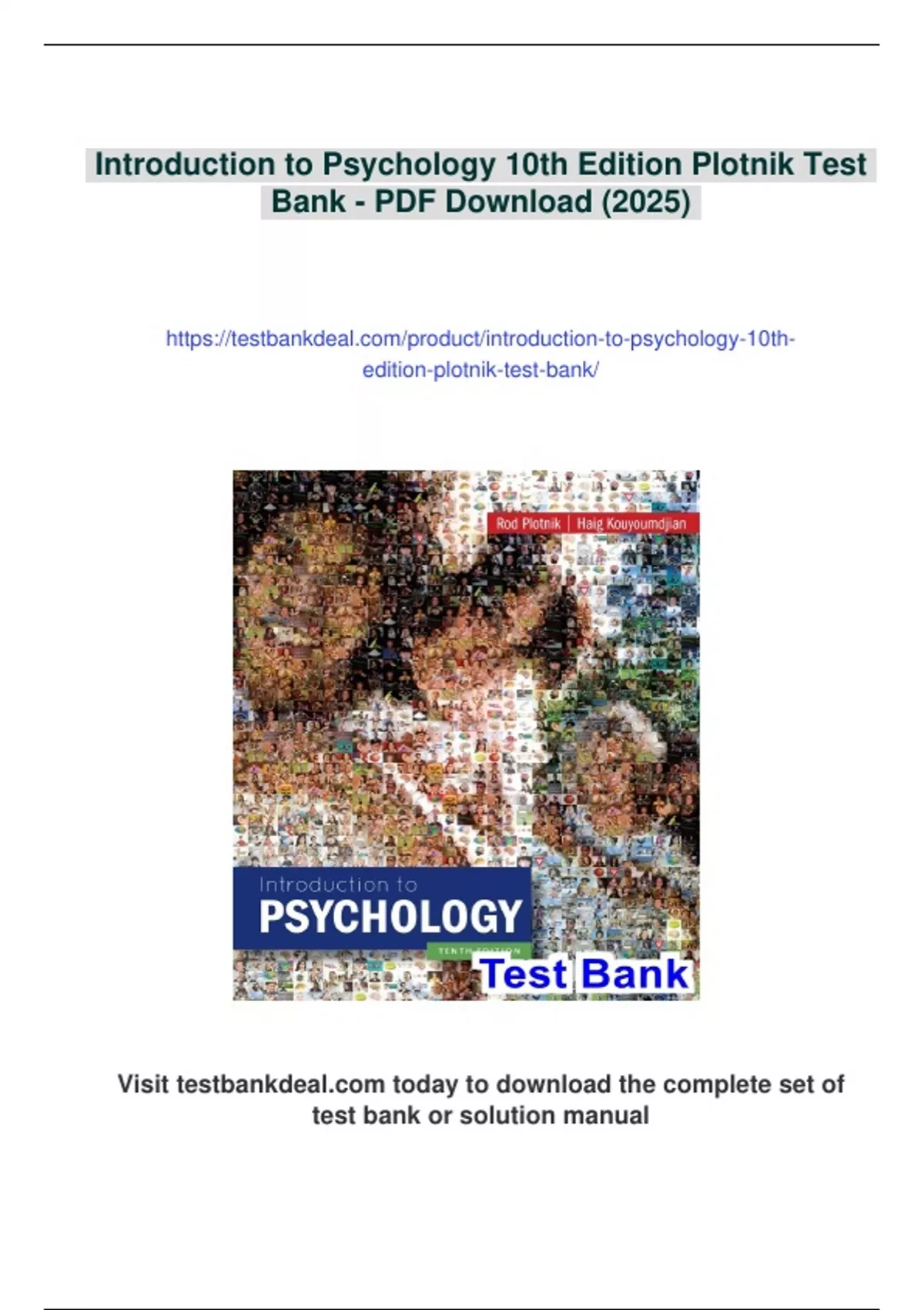 Summary Introduction to Psychology 10th Edition Plotnik Test Bank ...