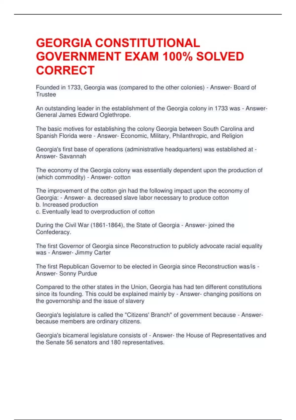 GEORGIA CONSTITUTIONAL GOVERNMENT EXAM 100% SOLVED CORRECT - GEORGIA ...
