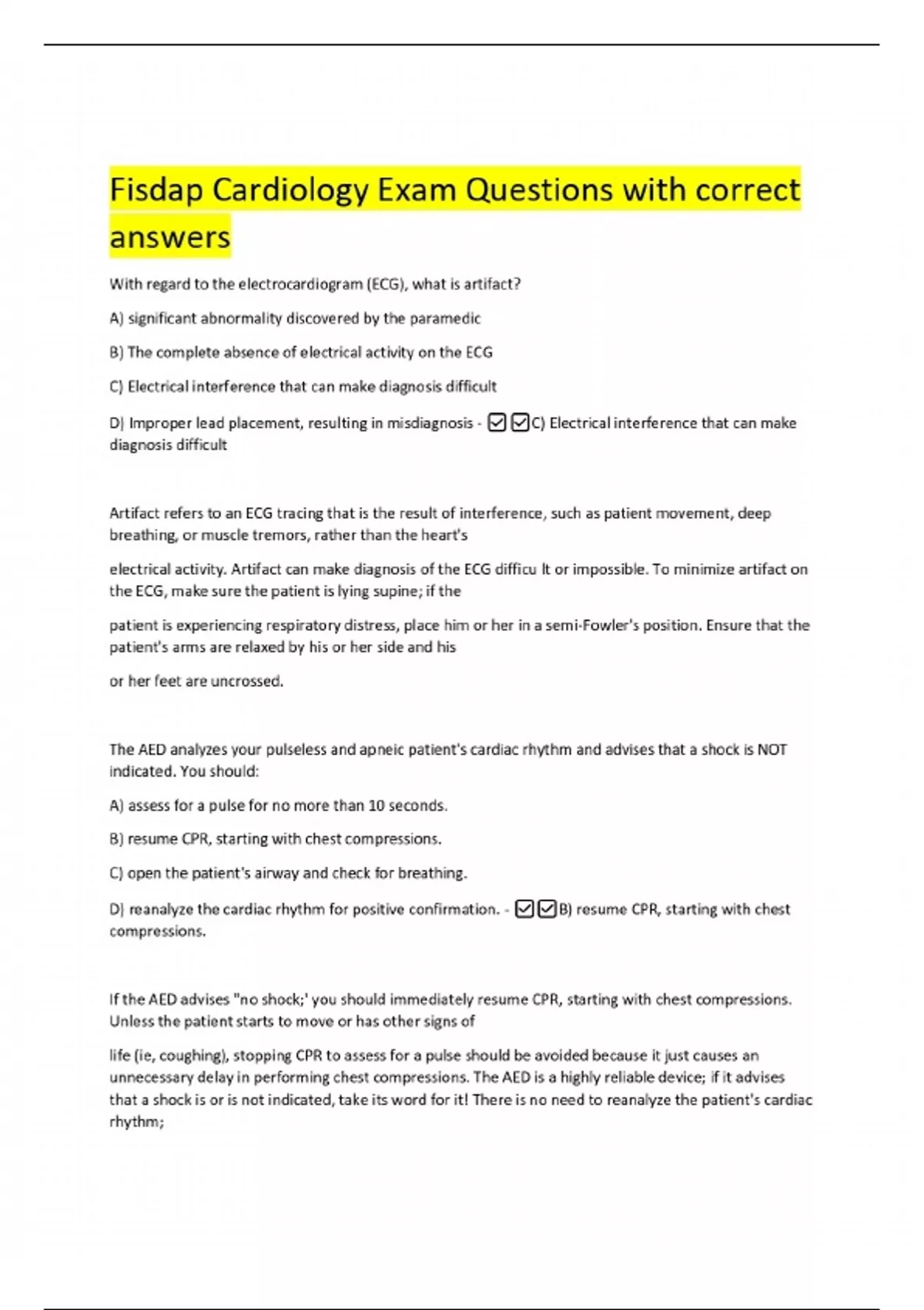 Fisdap Cardiology Exam Questions with correct answers - Fisdap ...