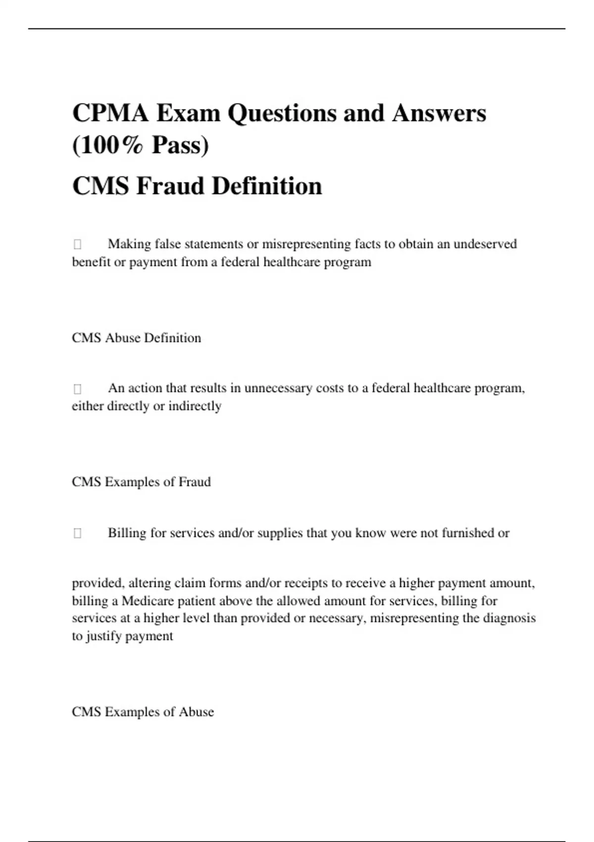 CPMA Exam Questions and Answers (100% Pass) CMS Fraud Definition - CPMA ...