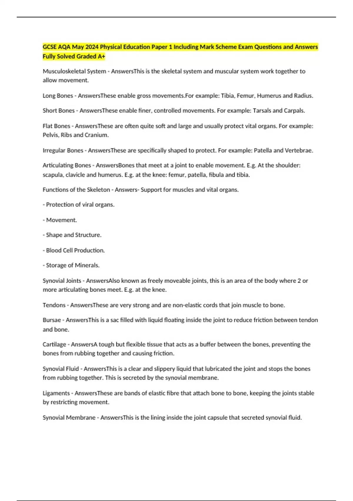 GCSE AQA May 2024 Physical Education Paper 1 Including Mark Scheme Exam ...