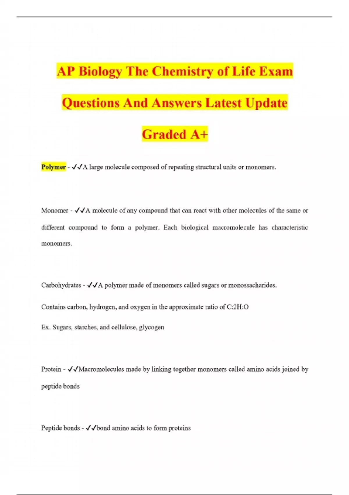 AP Biology The Chemistry of Life Exam Questions And Answers Latest ...