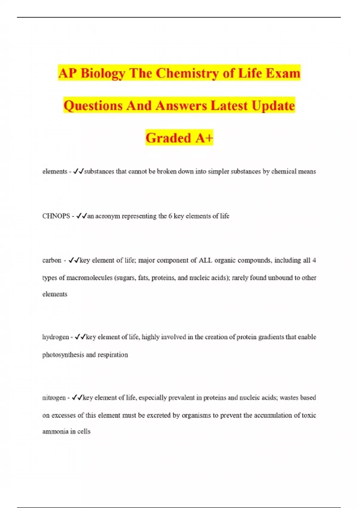 AP Biology The Chemistry of Life Exam Questions And Answers Latest ...