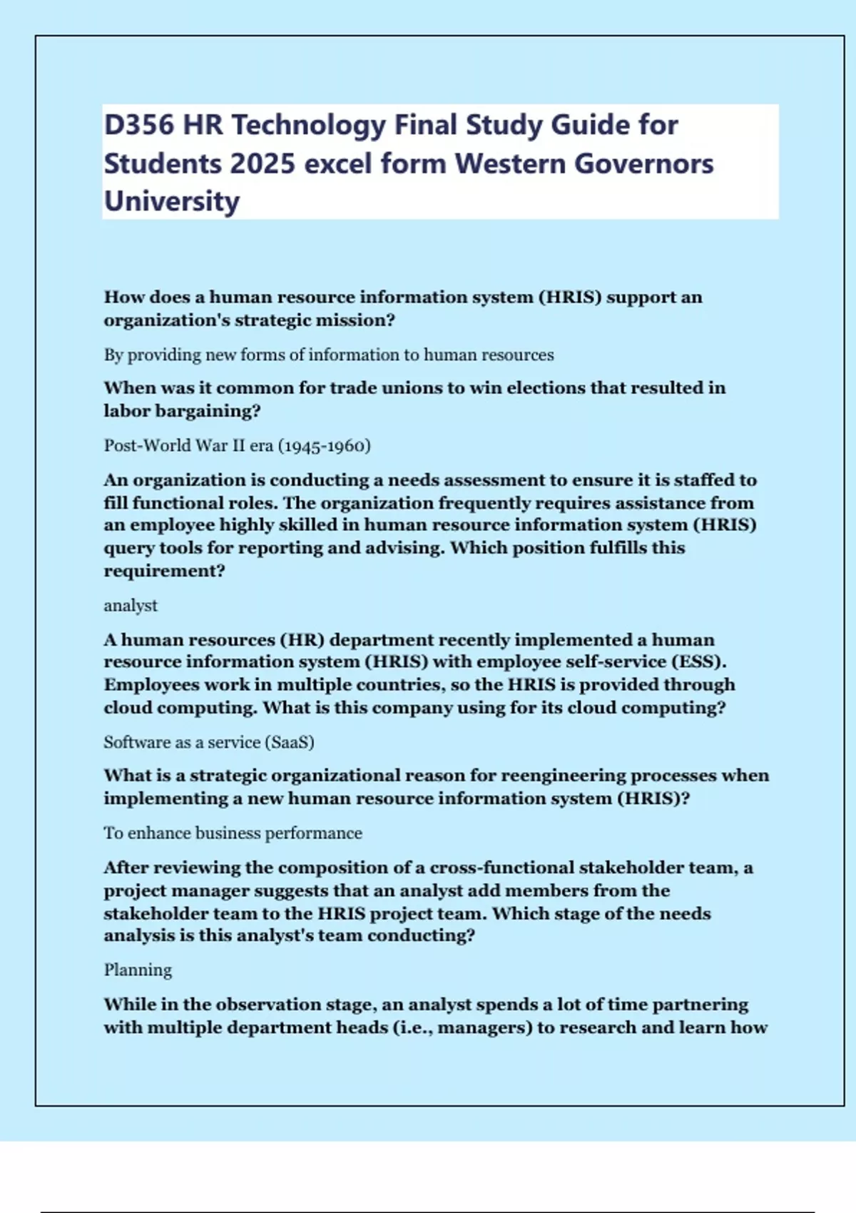 D356 HR Technology Final Study Guide for Students 2025 excel form ...