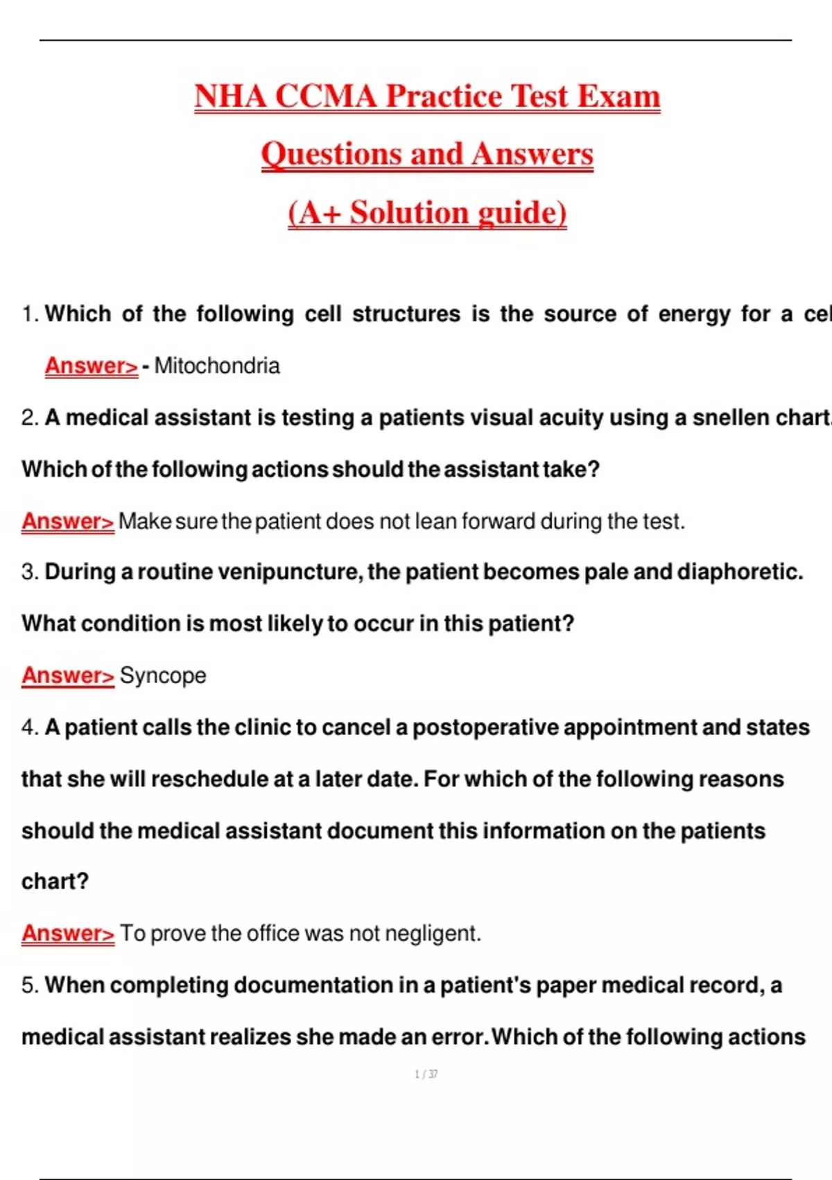 NHA CCMA Practice Test Exam Questions and Answers Pass the Exam, 100% ...
