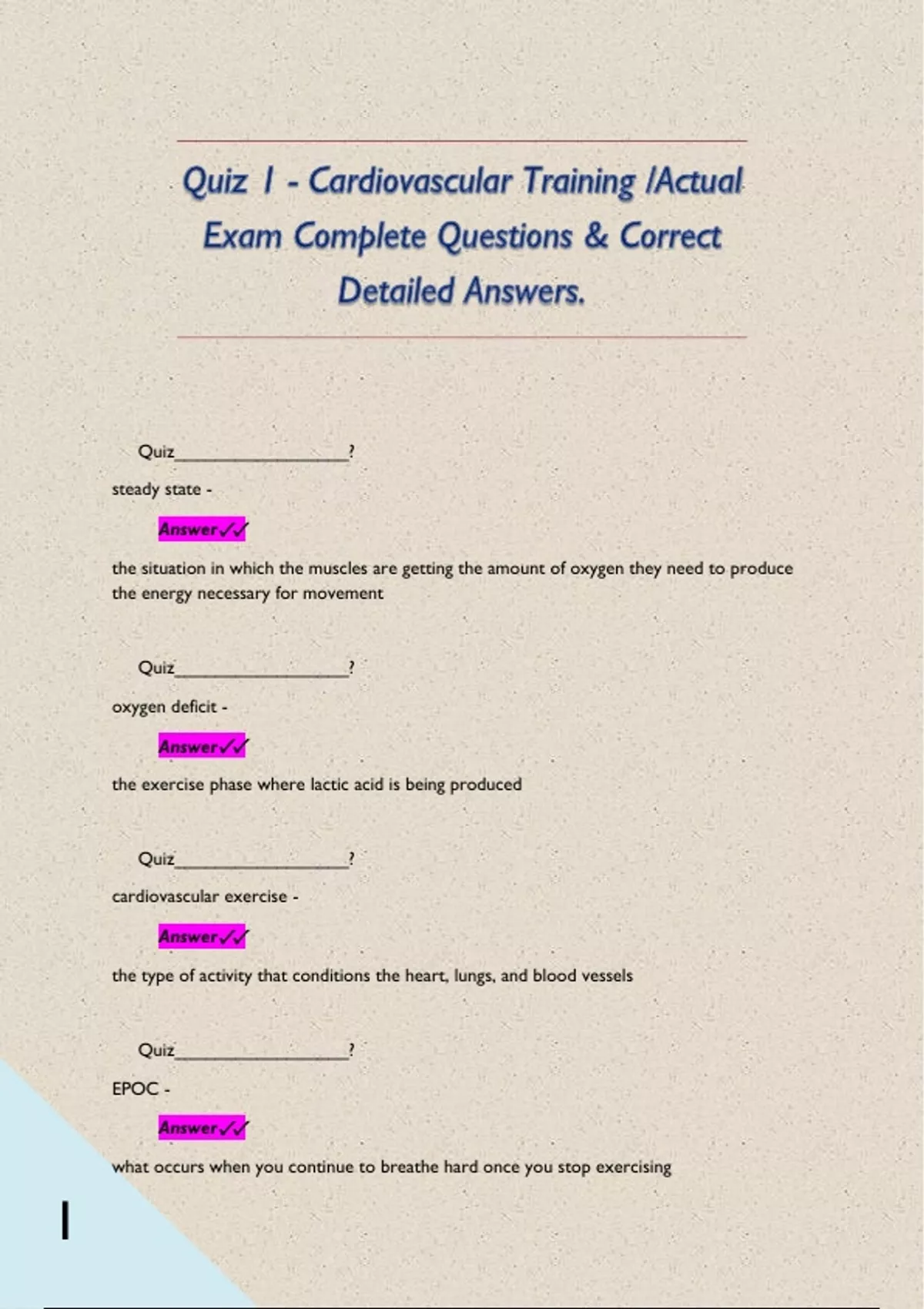 Quiz 1 - Cardiovascular Training /Actual Exam Complete Questions ...