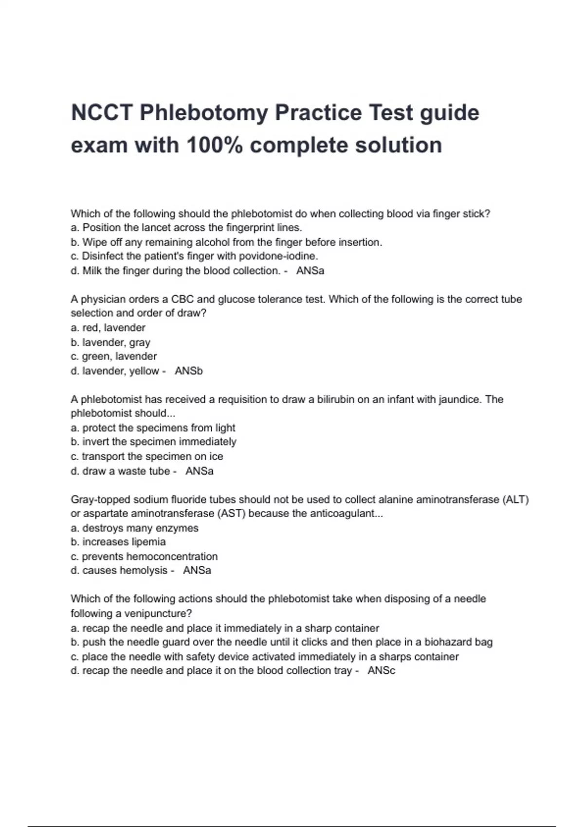 NCCT Phlebotomy Practice Test guide exam with 100% complete solution ...