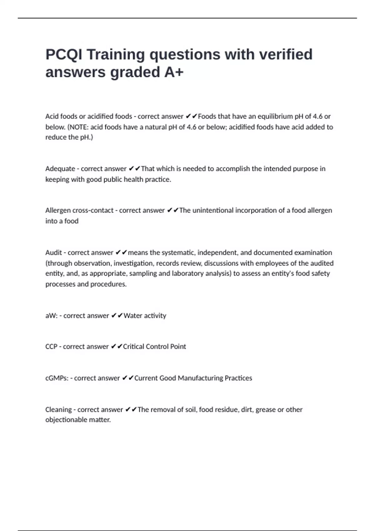 PCQI Training questions with verified answers graded A+ - PCQI - Stuvia US