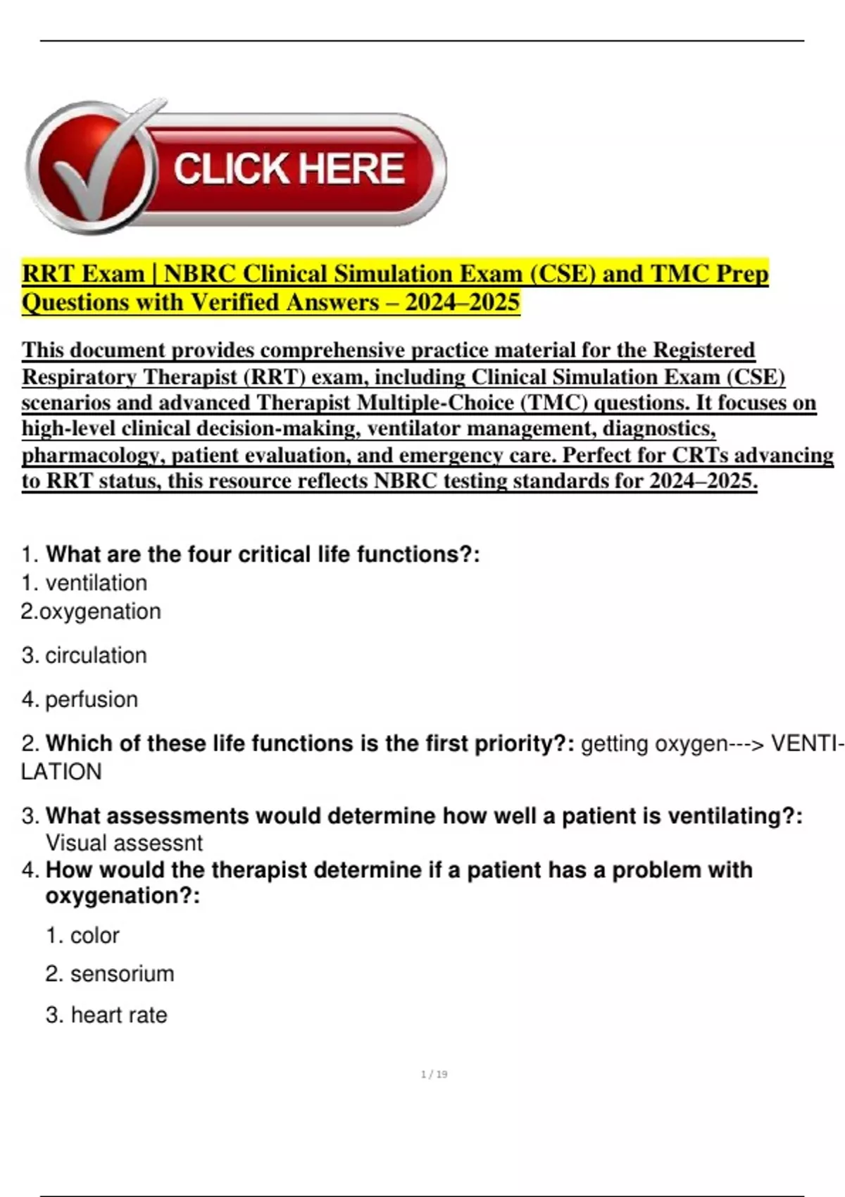 RRT Exam – NBRC Clinical Simulation Exam (CSE) and TMC Prep Questions with Verified Answers 2024 ...