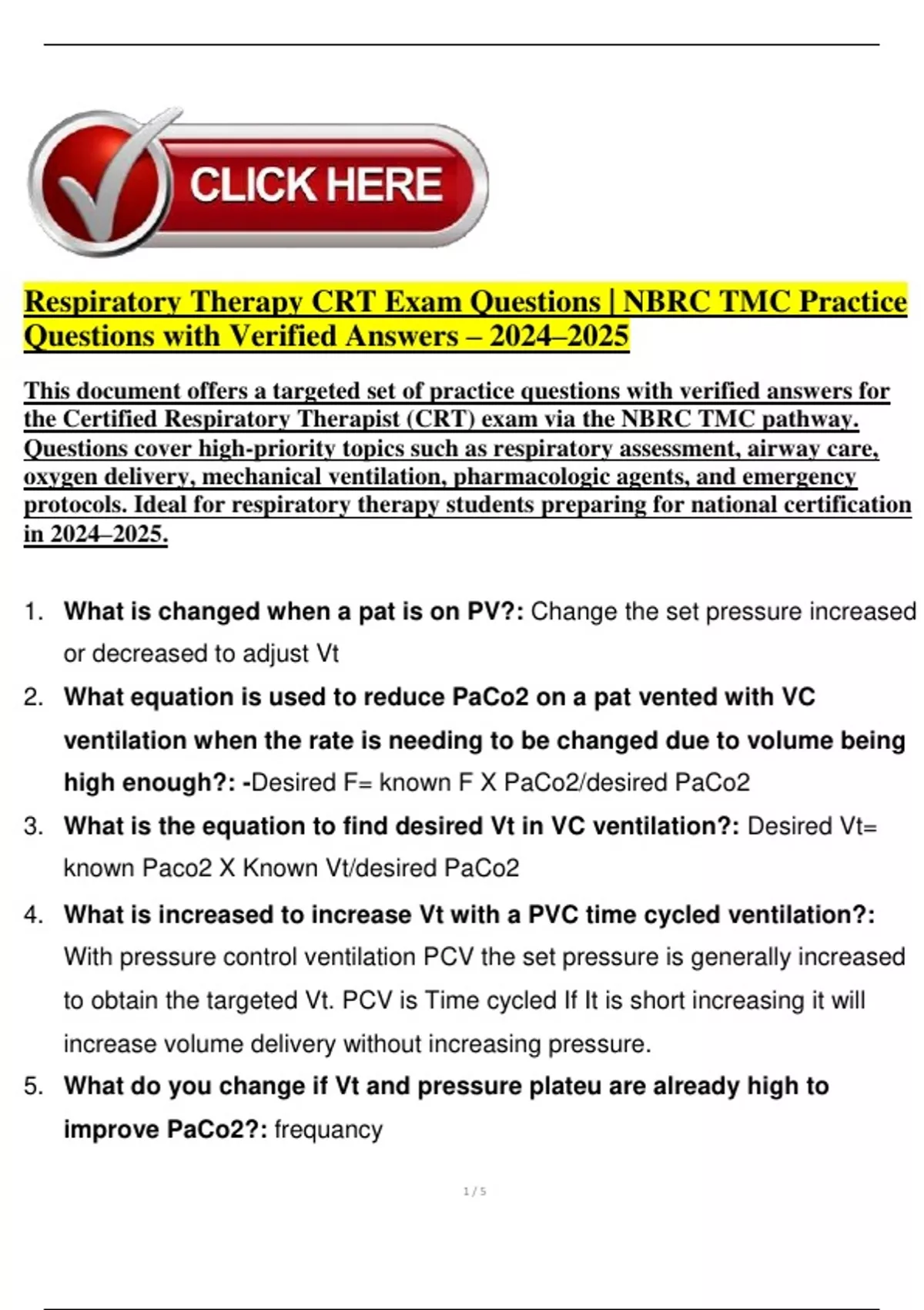 Respiratory Therapy CRT Exam Questions – NBRC TMC Practice Questions ...