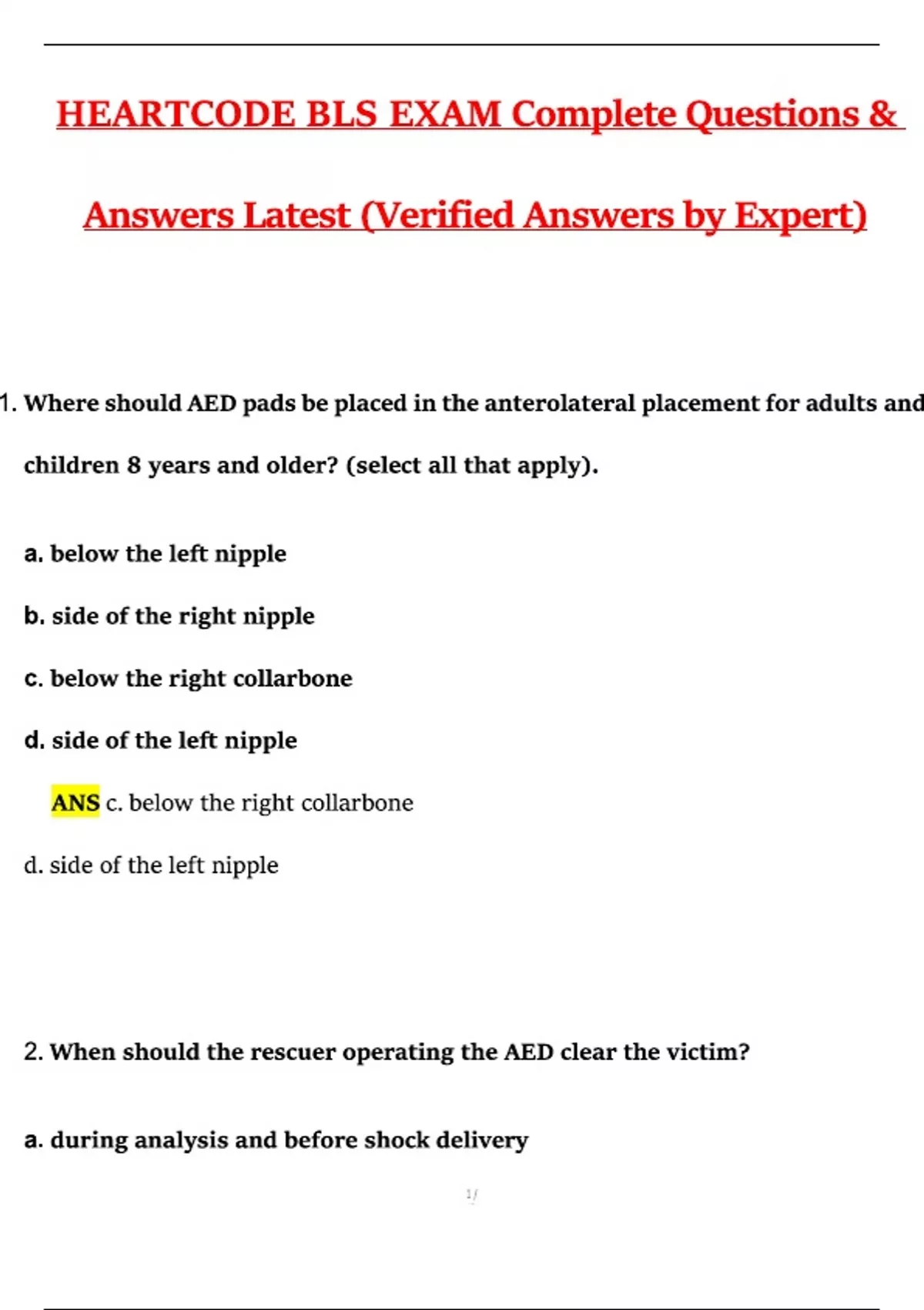 2025 HEARTCODE BLS Questions Exam – Complete Questions and Verified ...