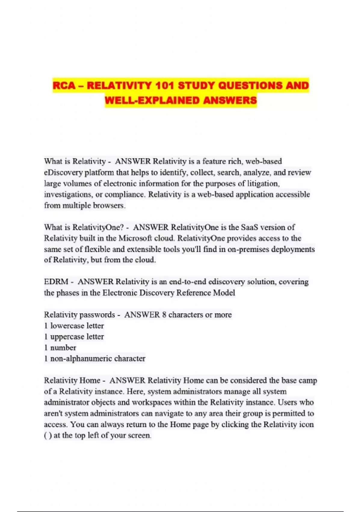 RCA – RELATIVITY 101 STUDY QUESTIONS AND WELL-EXPLAINED ANSWERS - RCA ...