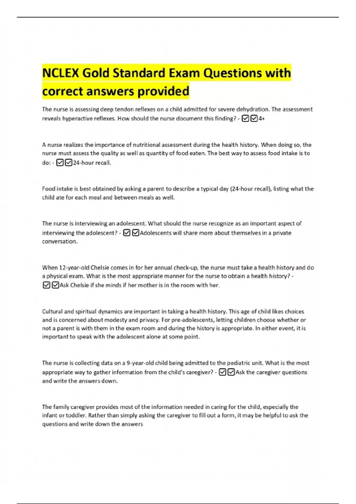 NCLEX Gold Standard Exam Questions with correct answers provided ...