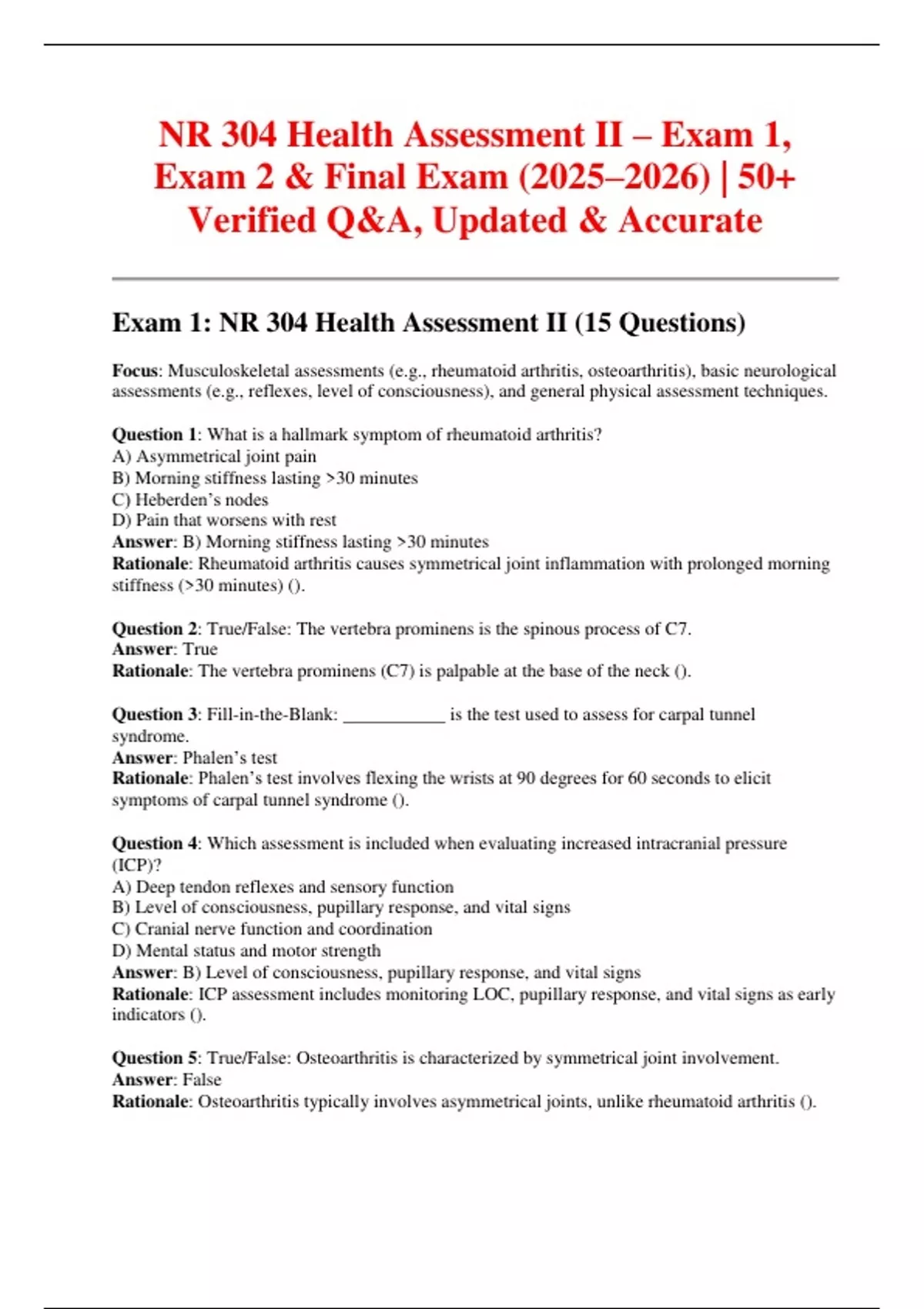 NR 304 Health Assessment II – Exam 1, Exam 2 & Final Exam (2025–2026) | 50+ Verified Q&A ...