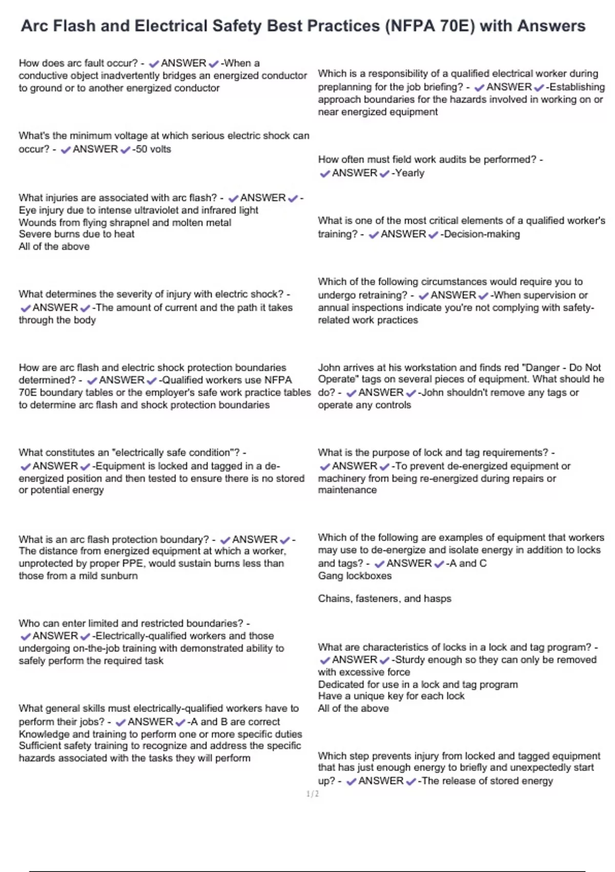 Arc Flash and Electrical Safety Best Practices (NFPA 70E) with Answers ...