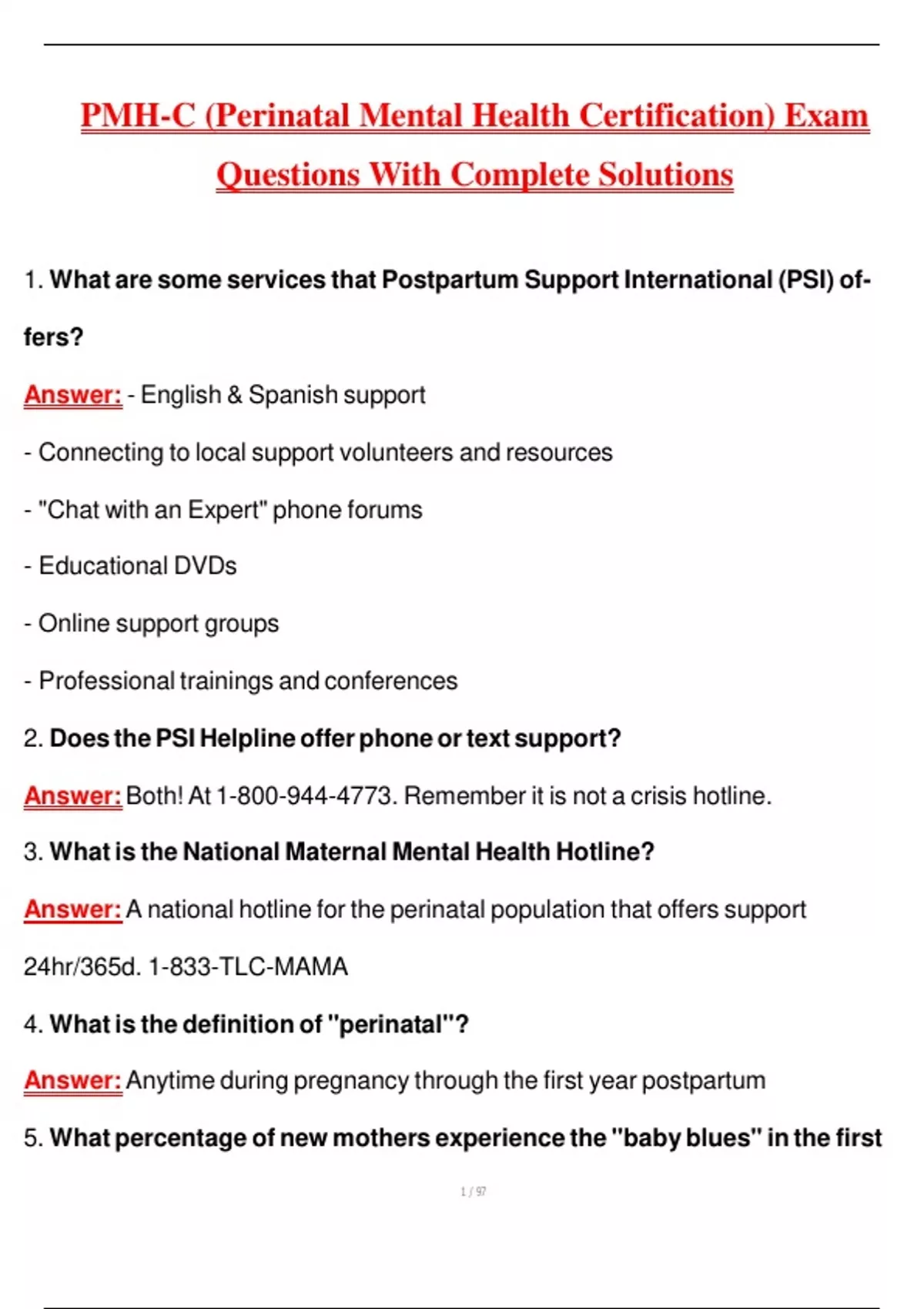 PMH-C (Perinatal Mental Health Certification) Exam Questions With Complete Solutions Pass the ...