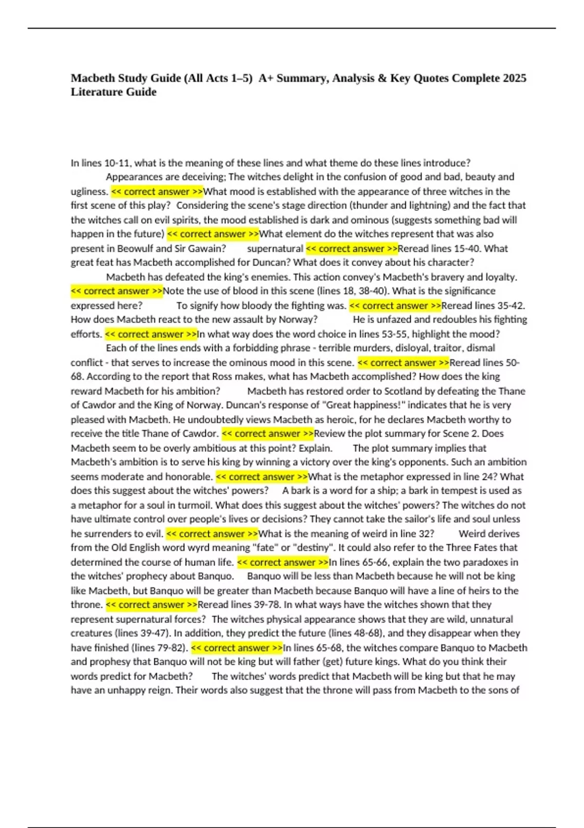 Macbeth Study Guide (All Acts 1–5) A+ Summary, Analysis & Key Quotes ...