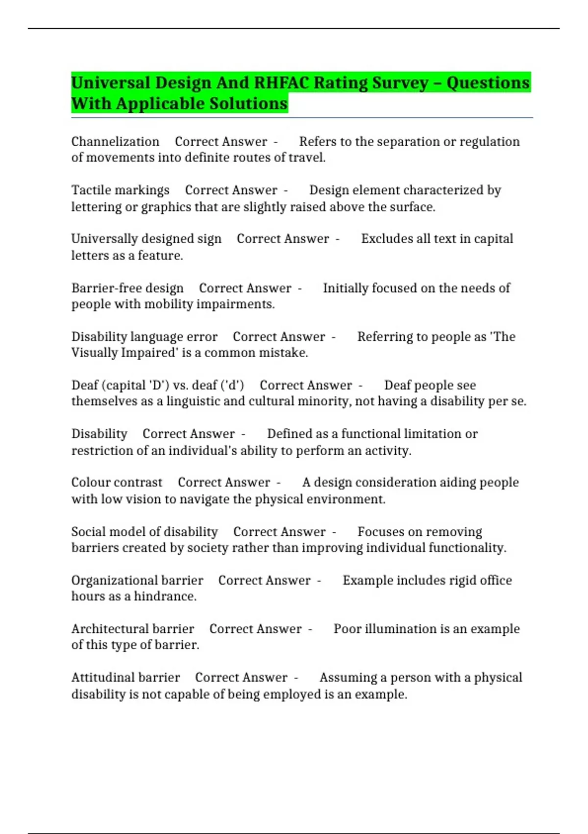 Universal Design And RHFAC Rating Survey – Questions With Applicable ...