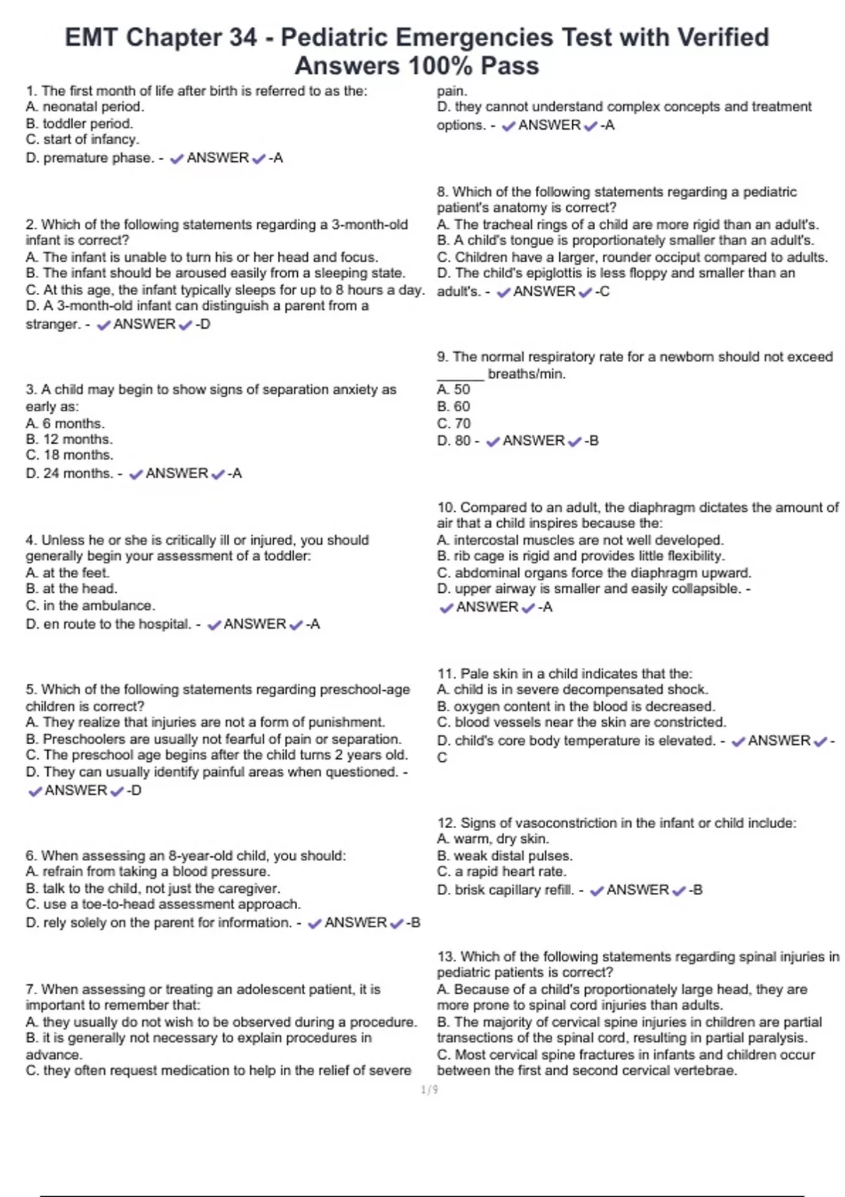 Emt Chapter 34 Pediatric Emergencies Test With Verified Answers 100