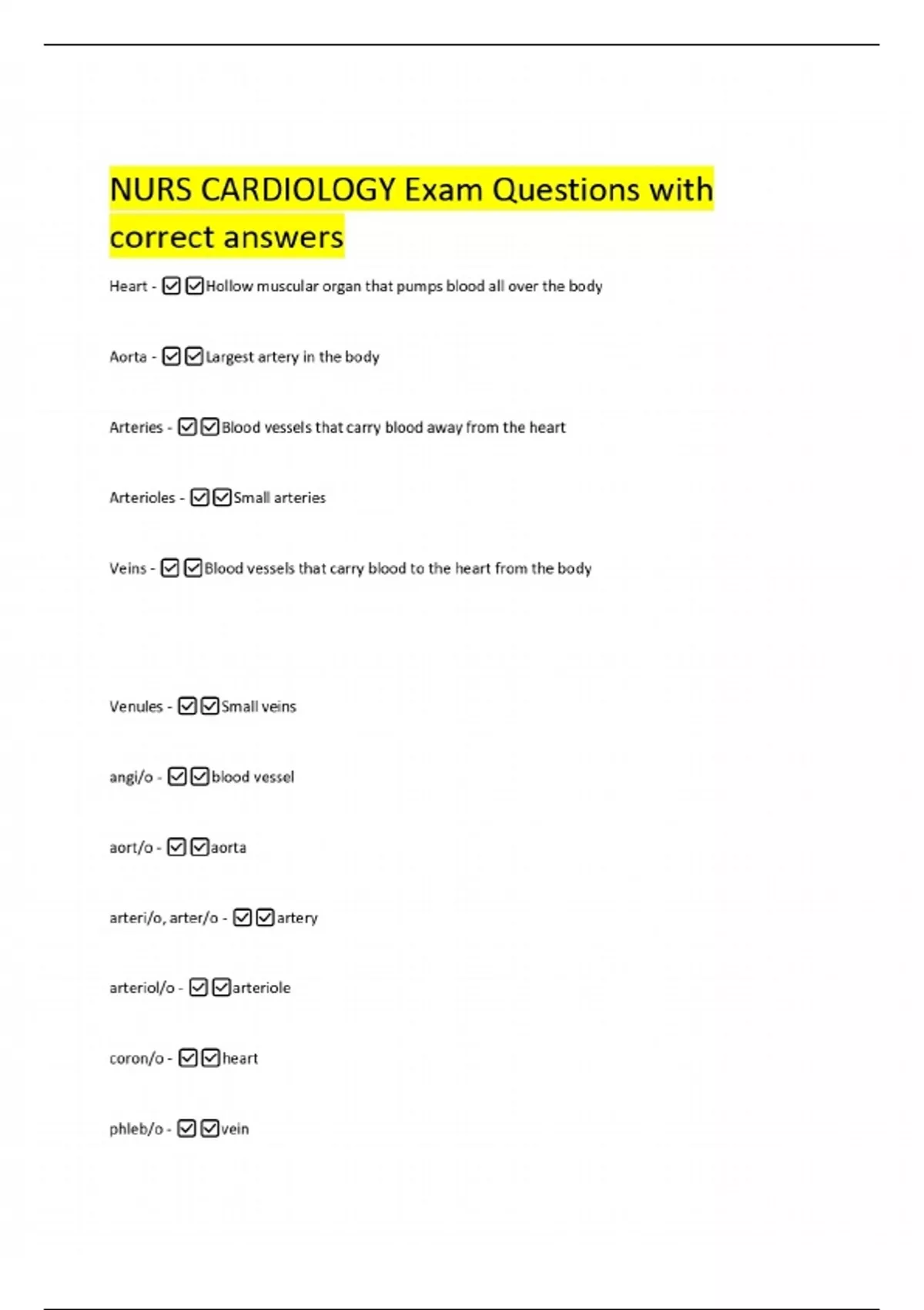 NURS CARDIOLOGY Exam Questions with correct answers - NURS CARDIOLOGY ...