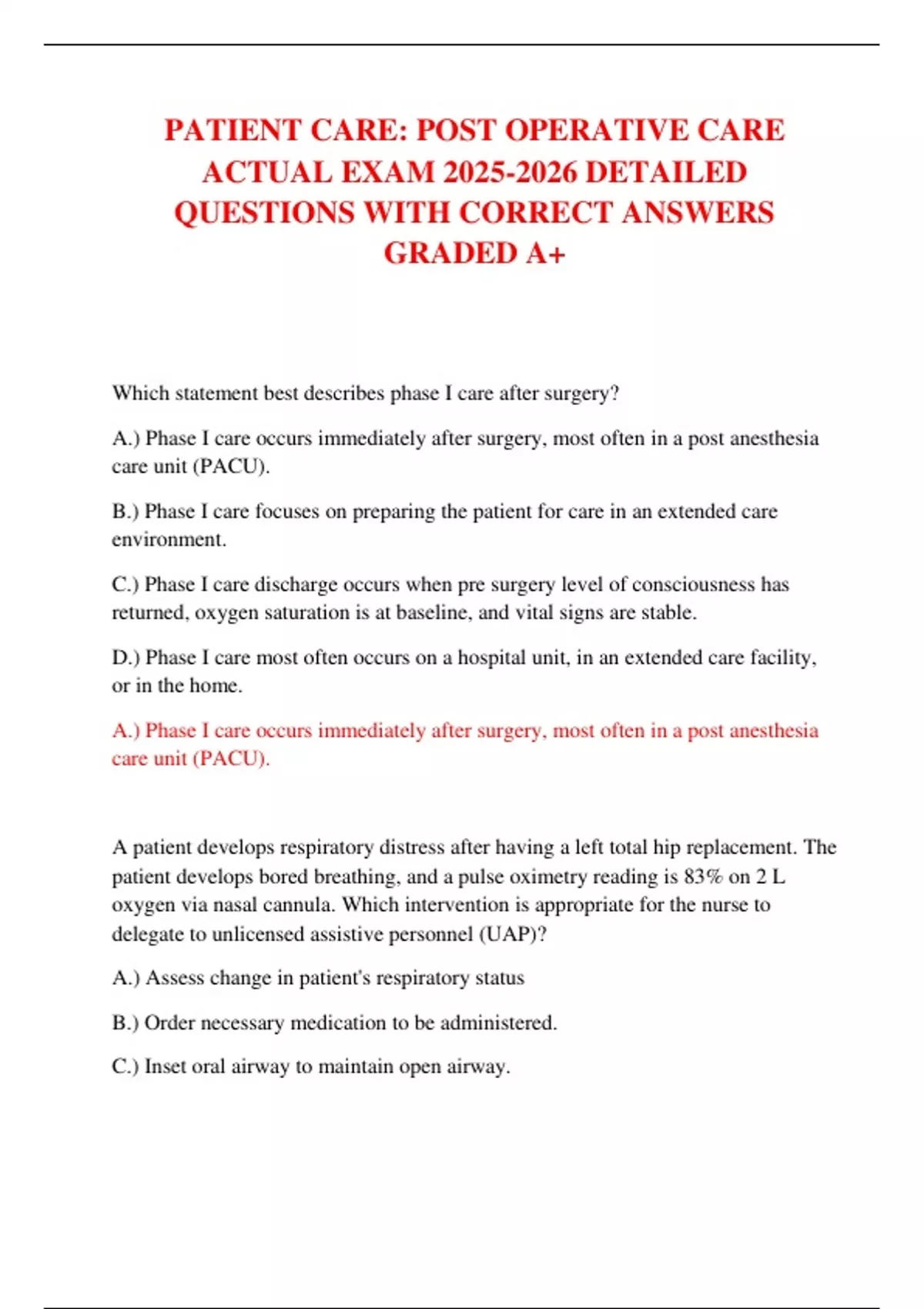 PATIENT CARE: POST OPERATIVE CARE ACTUAL EXAM DETAILED QUESTIONS WITH ...